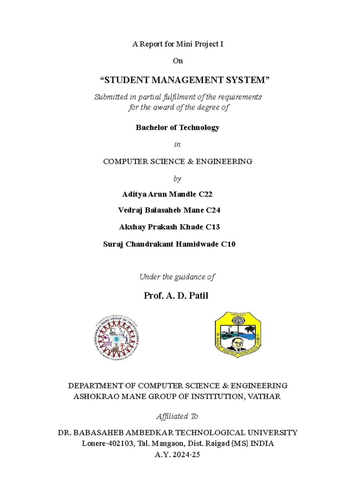 B.Tech Mini Project I Report: Student Management System - Studocu