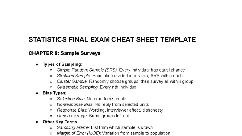 STATISTICS 101 Final Exam Cheat Sheet: Key Concepts and Formulas - Studocu