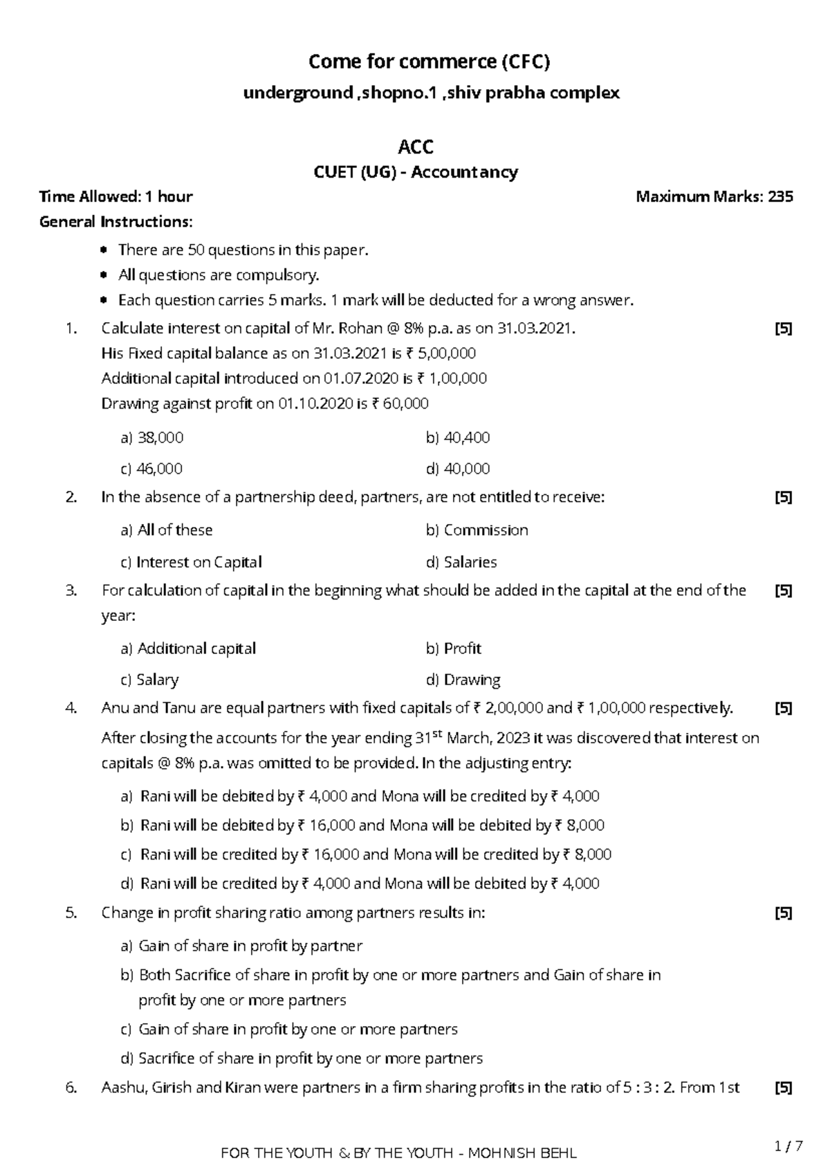 CFC ACC CUET (UG) Accountancy Quiz - 50 Questions - Studocu