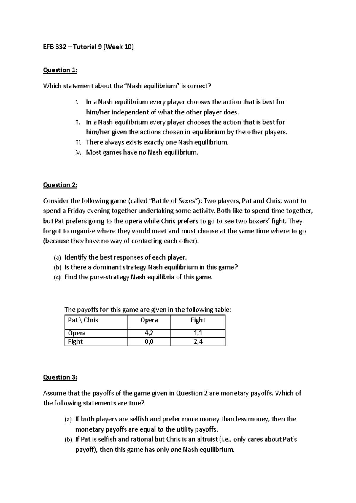 EFB 332 Lecture 9 Tutorial Questions on Nash Equilibrium - Studocu