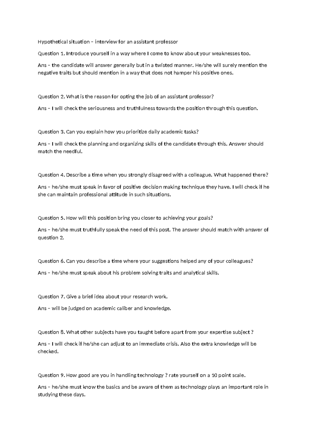Hypothetical Interview Questions for Assistant Professor Position - Studocu