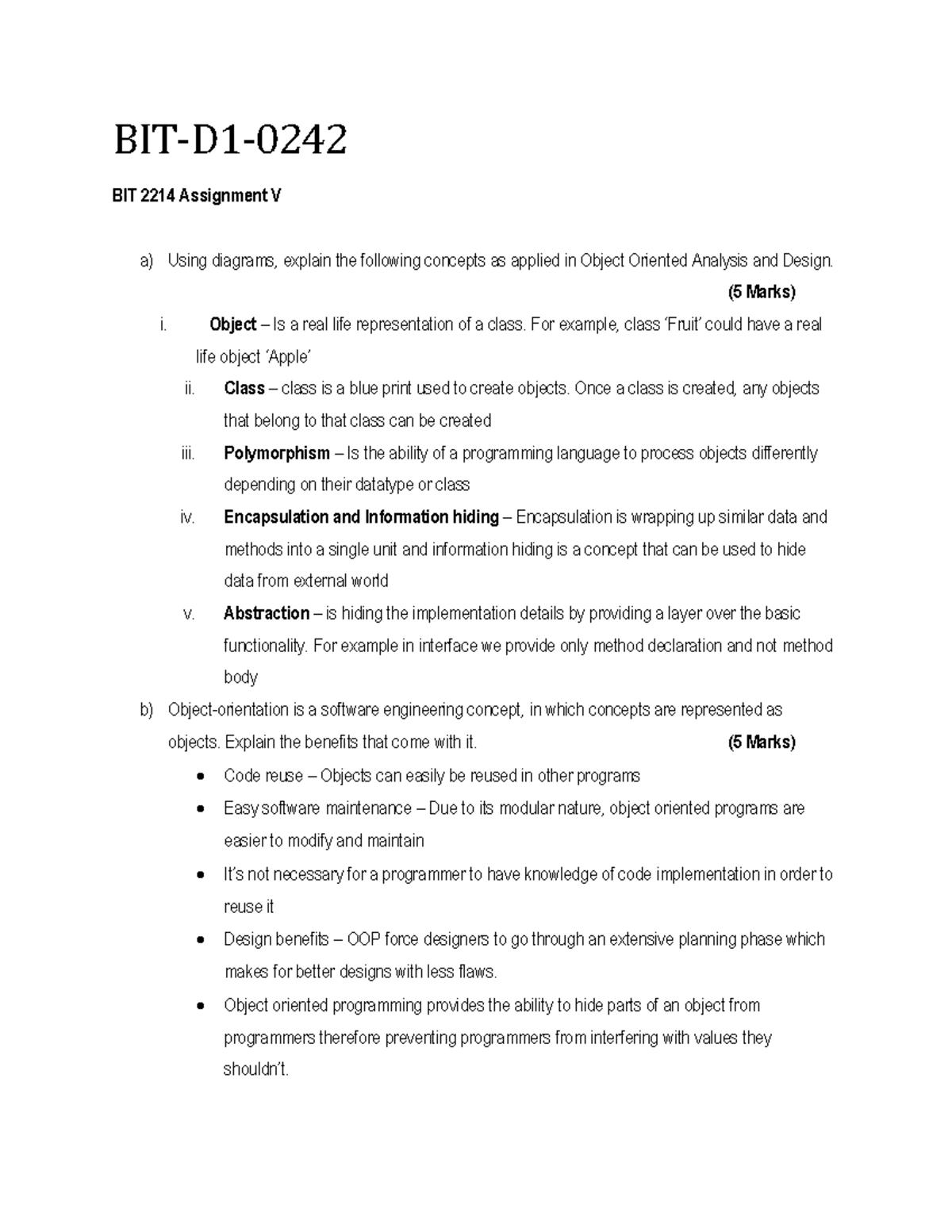 BIT 2214 Assignment V - Questions and answers for Object Oriented System analysis and design ...