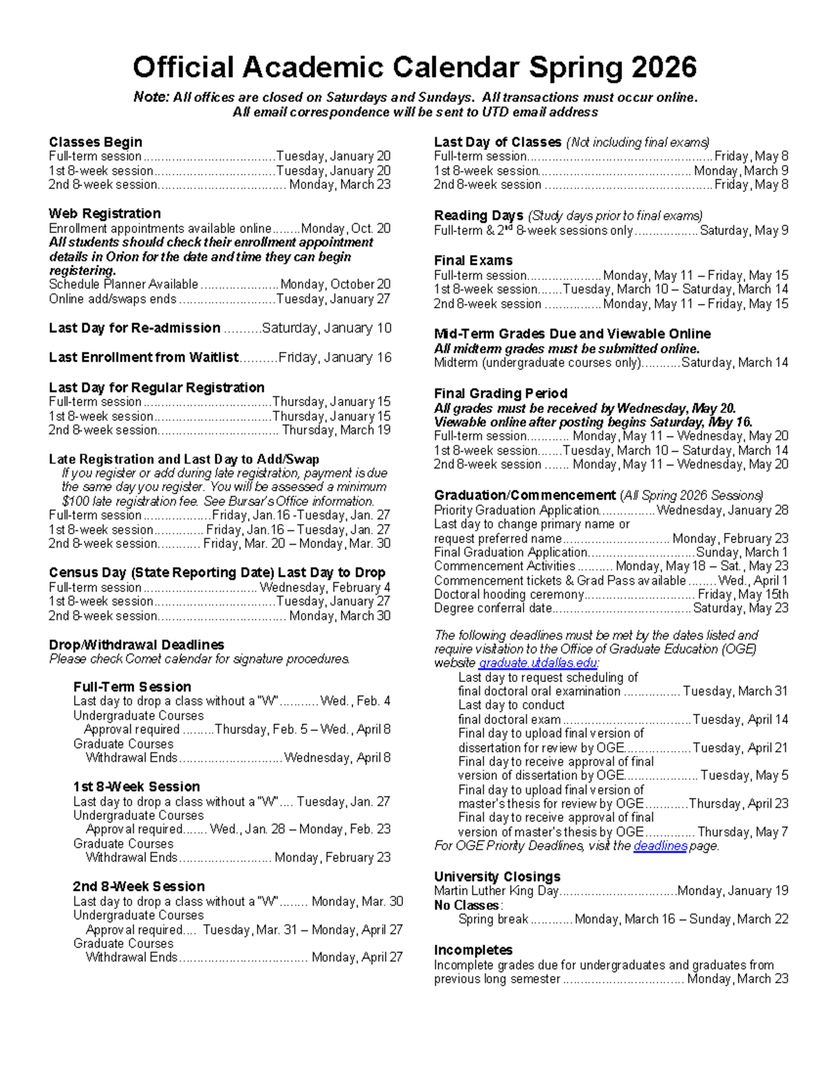 Academic Calendar for Spring 2026: Important Dates & Deadlines - Studocu