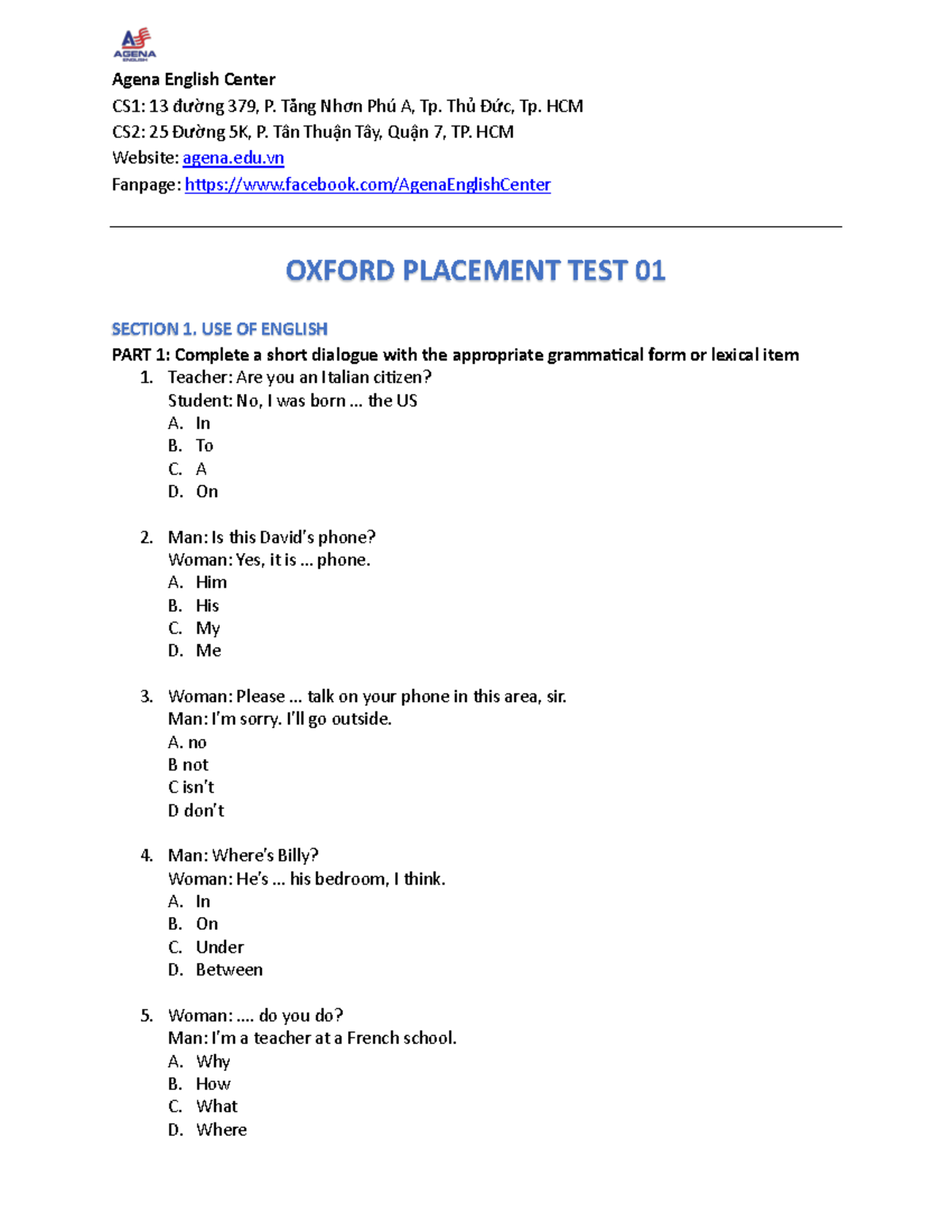 Oxford Placement Test 01: Practice Exercises and Transcripts - Studocu