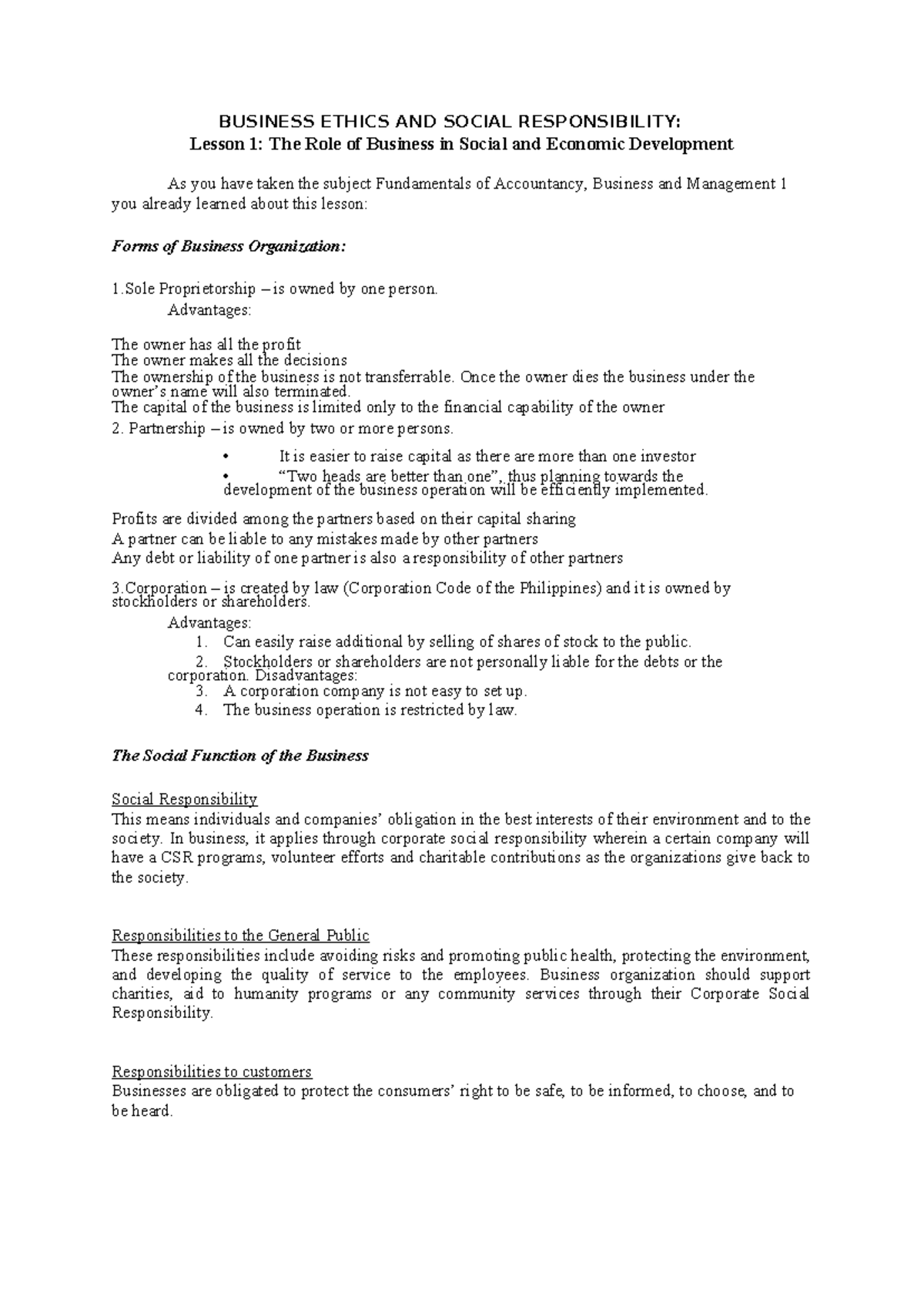 BUSINESS ETHICS & SOCIAL RESPONSIBILITY: Handouts L1-3 Overview - Studocu