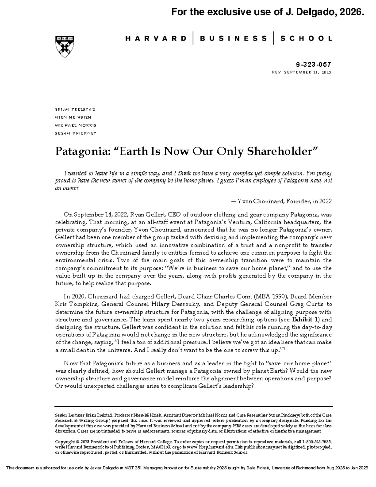 MGT 351 Case Study: Patagonia's Innovative Ownership Transition - Studocu