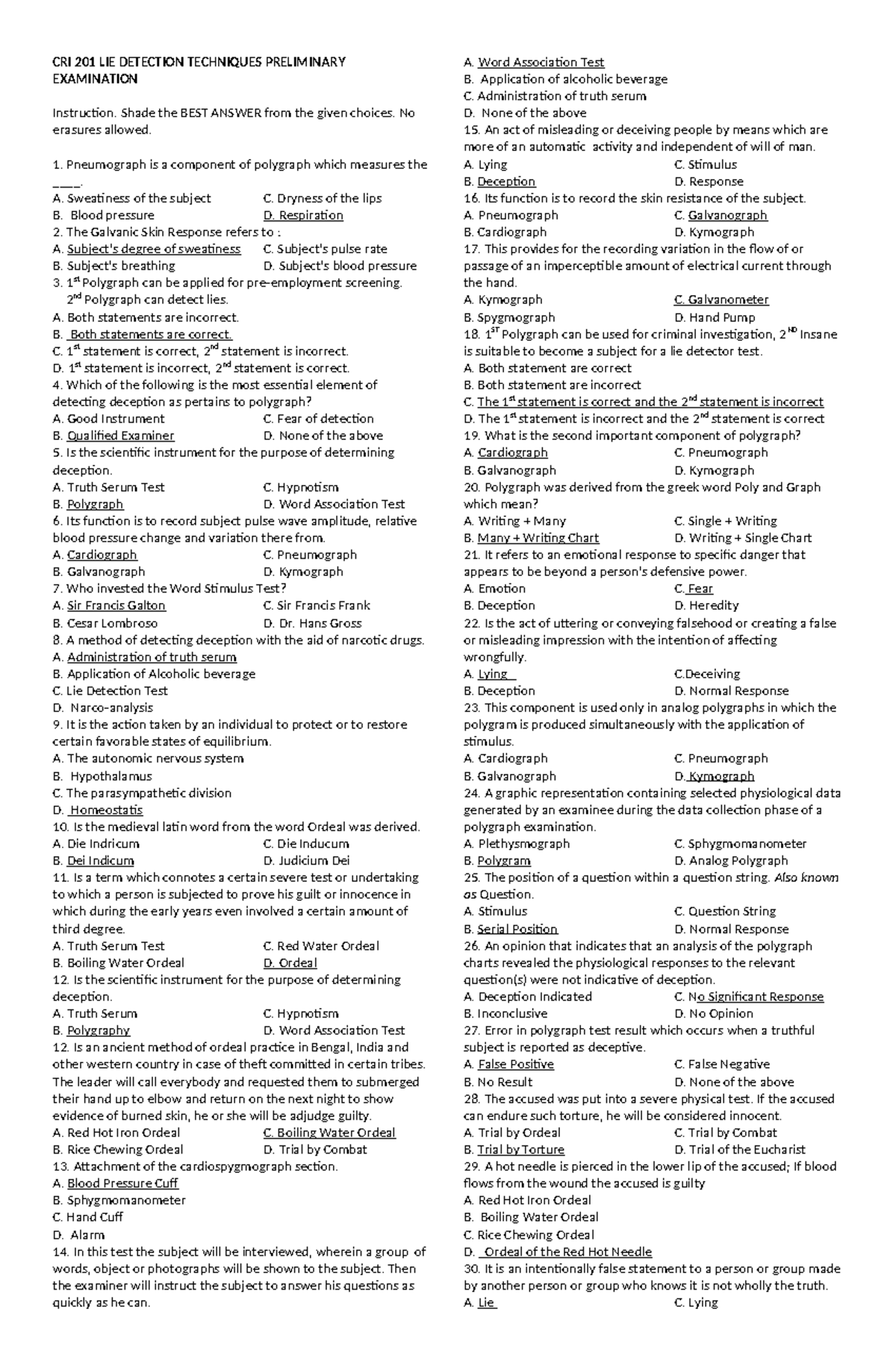 CRI 201 Preliminary Exam on Lie Detection Techniques - Studocu