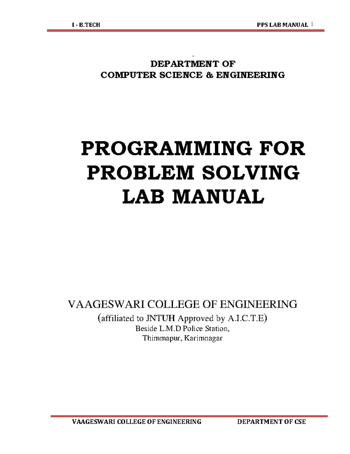 PPS LAB MANUAL 1 - I B.TECH CSE Programming for Problem Solving - Studocu