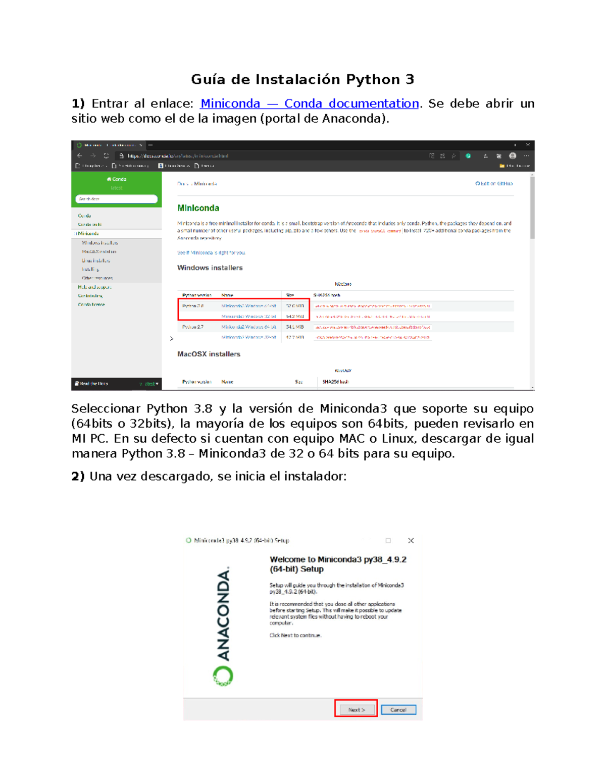 Guía de Instalación Python 3 - Guía de Instalación Python 3 Entrar al enlace: Miniconda — Conda ...