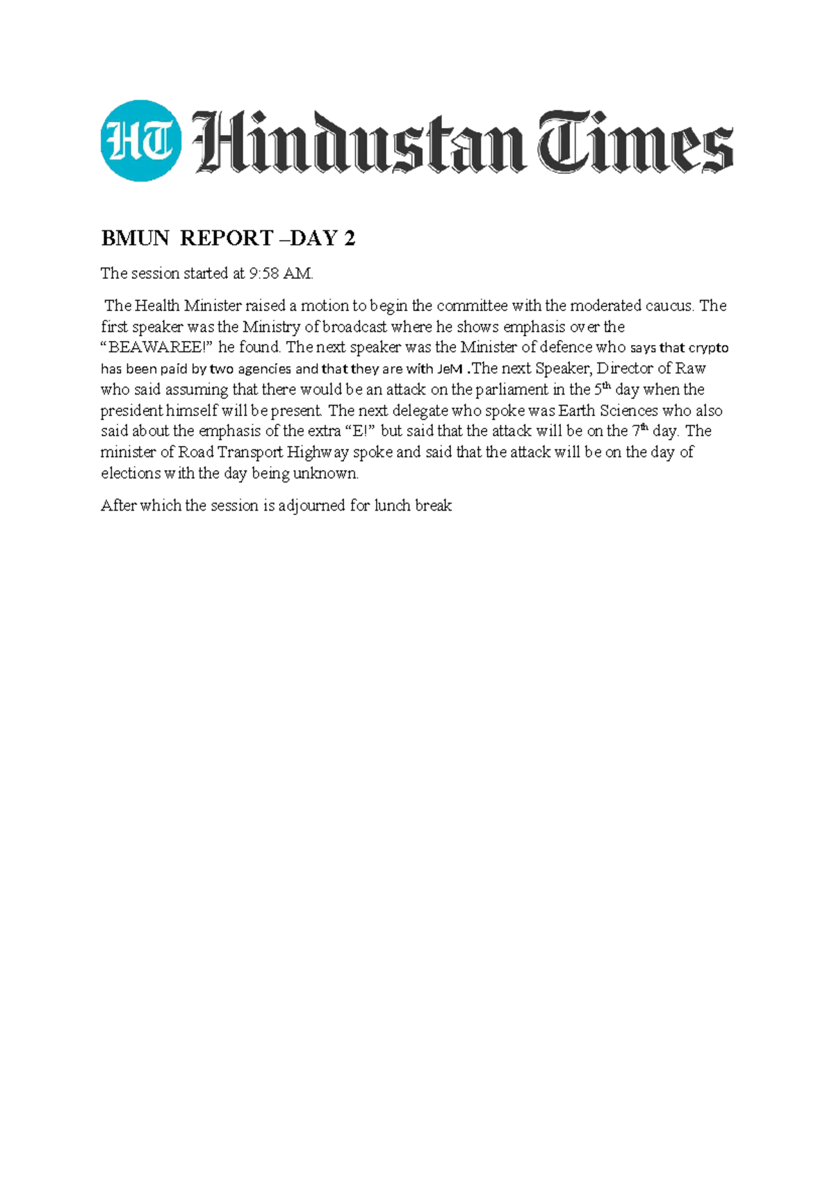 BMUN REPORT 2: Health & Defense Discussions Summary - Studocu