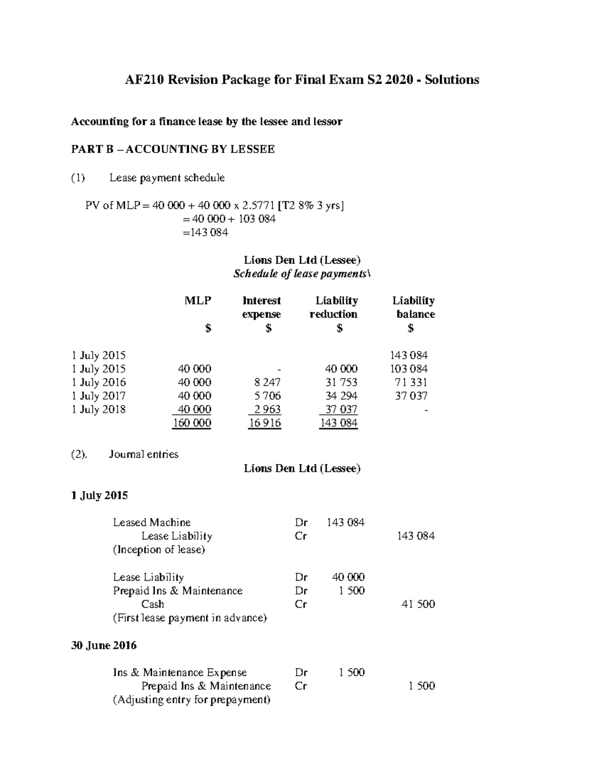 AF210 Final Exam Revision Package S2 2020 - Solutions Guide - Studocu