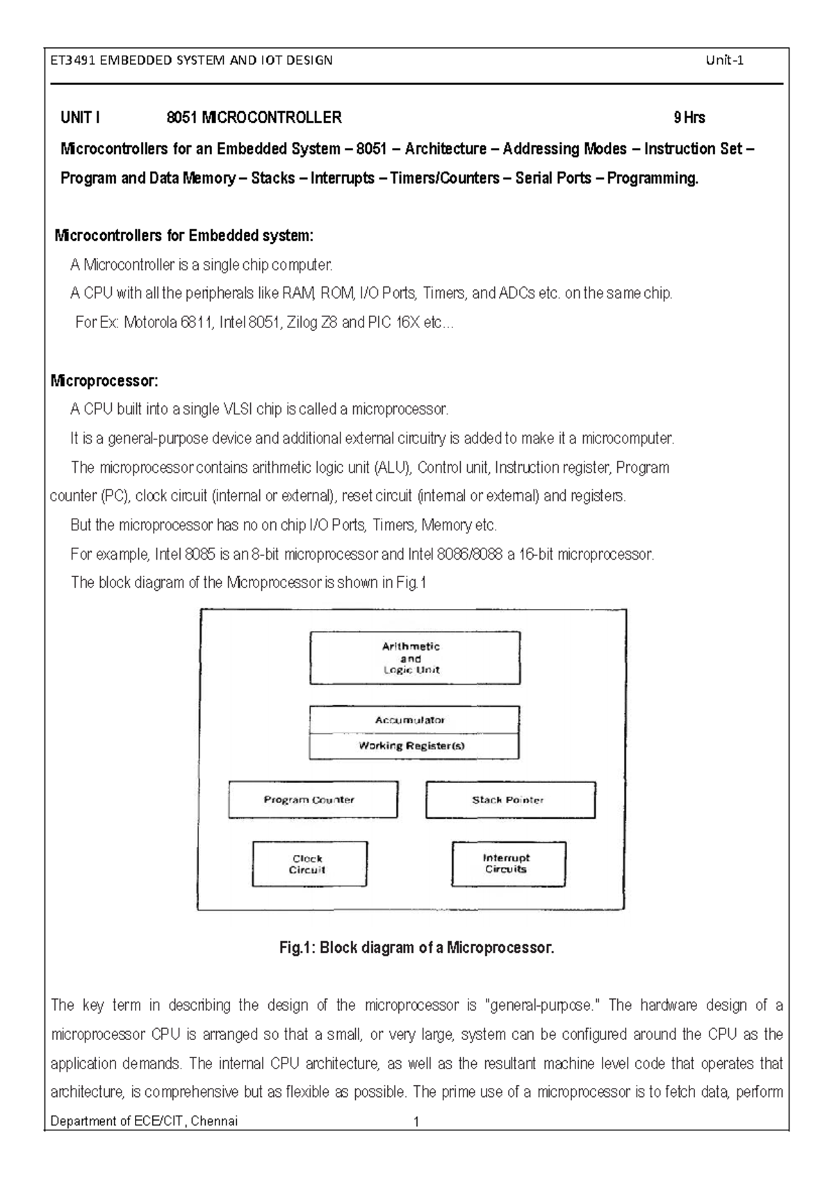 ET3491 EMBEDDED SYSTEM AND IOT DESIGN: UNIT I 8051 MICROCONTROLLER ...
