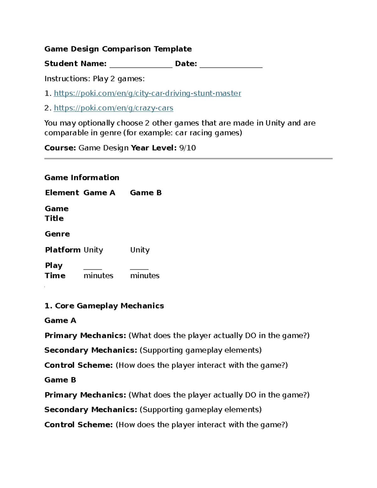 Game Design Comparison Template (Lab 1A) - Analyzing Mechanics ...