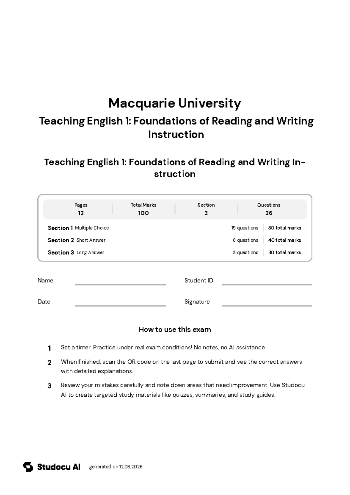 Teaching English 1: Final Exam on Reading and Writing - Studocu
