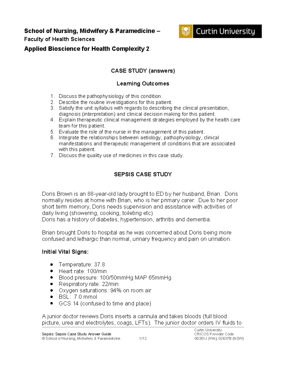 GMED3009 Sepsis Case Study Answer Guide for Nursing Students - Studocu