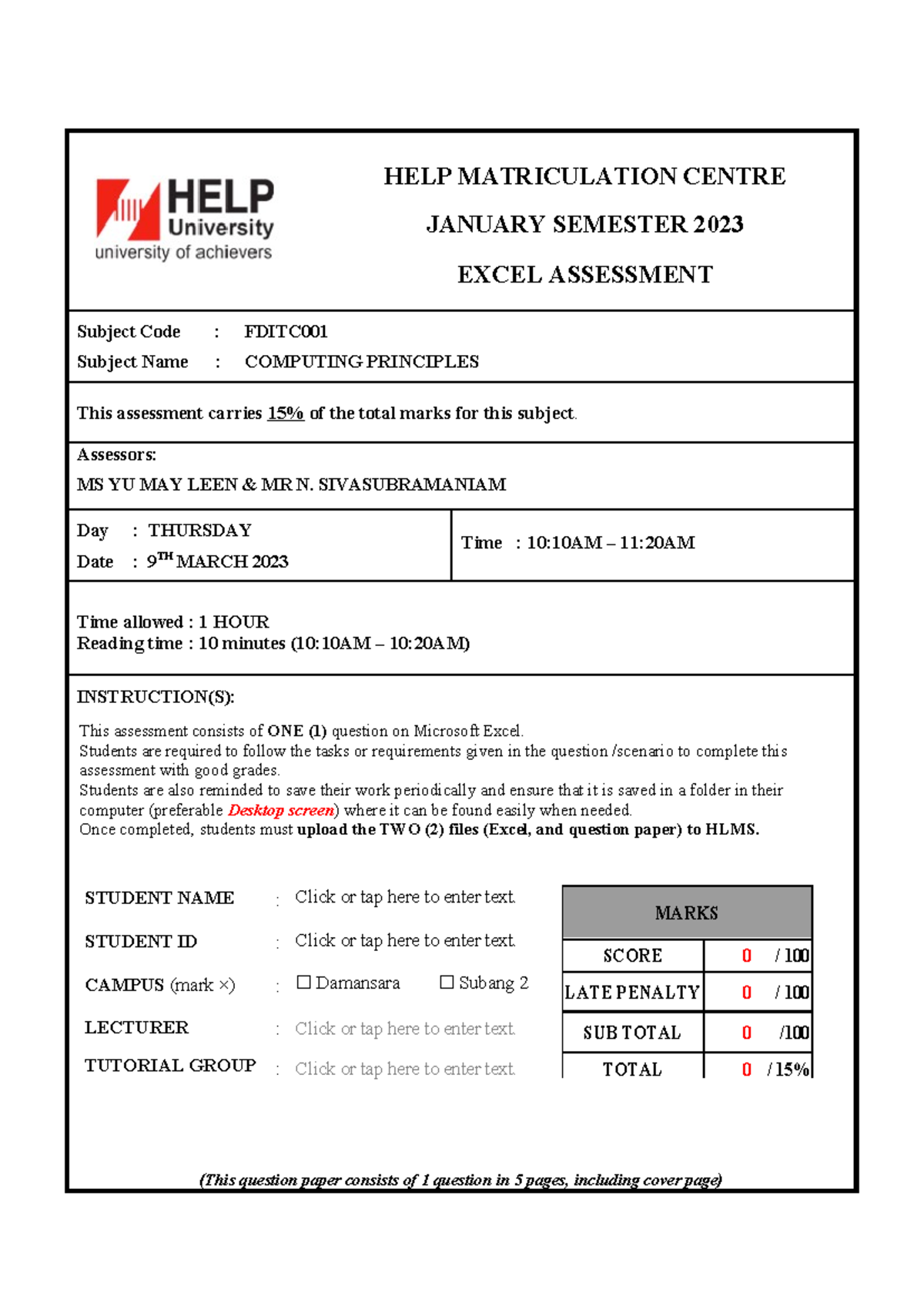 FDITC001 Computing Principles January 2023 Excel Assessment Guide - Studocu