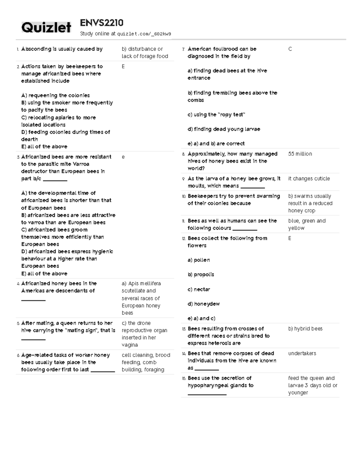 ENVS 101: Quizlet Study Guide for Beekeeping Concepts - Studocu