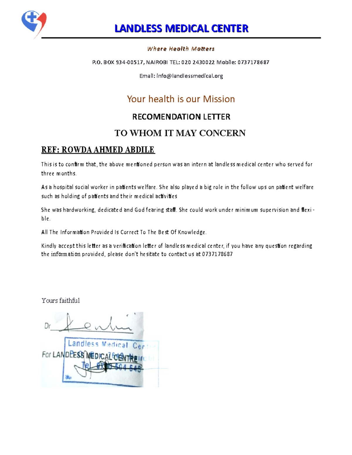 456 - Recommendation Letter for Rowda Ahmed Abdile's Internship - Studocu