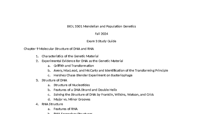 BIOL 3301 Fall 2024 Exam 3 Study Guide: DNA, RNA, and Gene Regulation ...