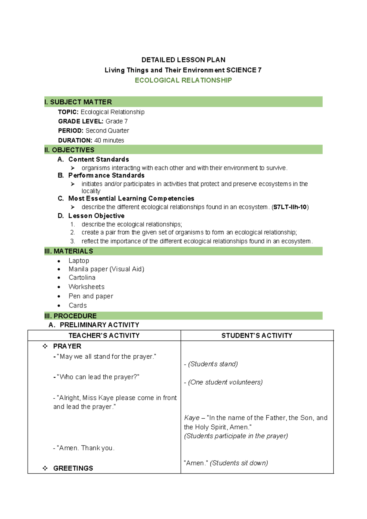 DETAILED LESSON PLAN: Ecological Relationships in SCIENCE 7 - Studocu
