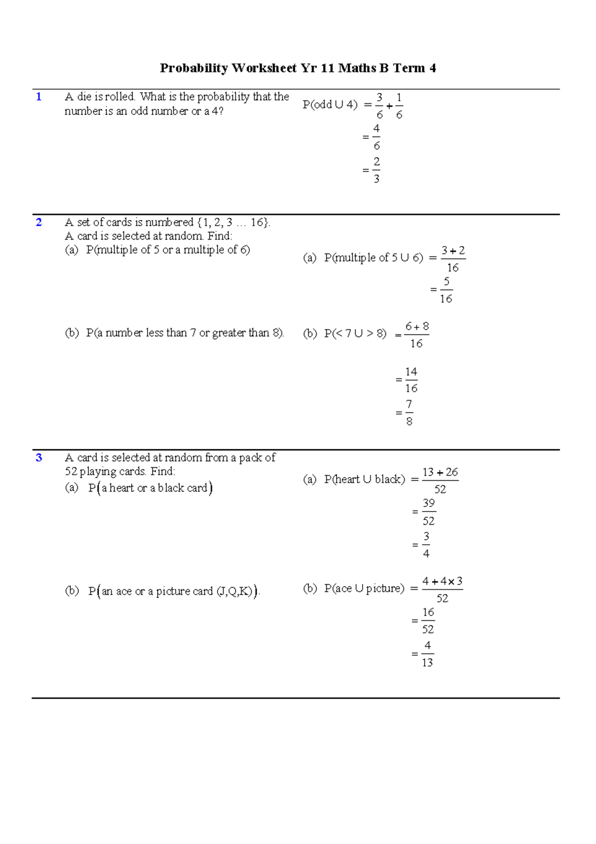 Advanced Probability Worksheet Yr 11 Maths B Term 4 - Studocu