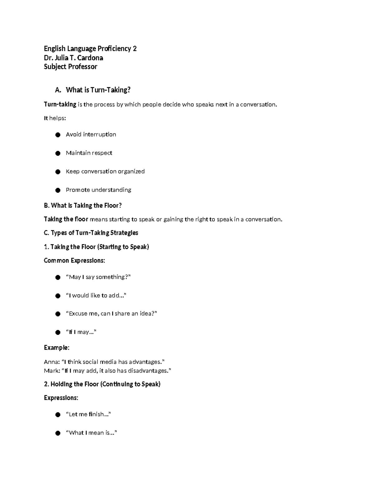 ENG 2: Conversation Turn-Taking Strategies and Techniques - Studocu