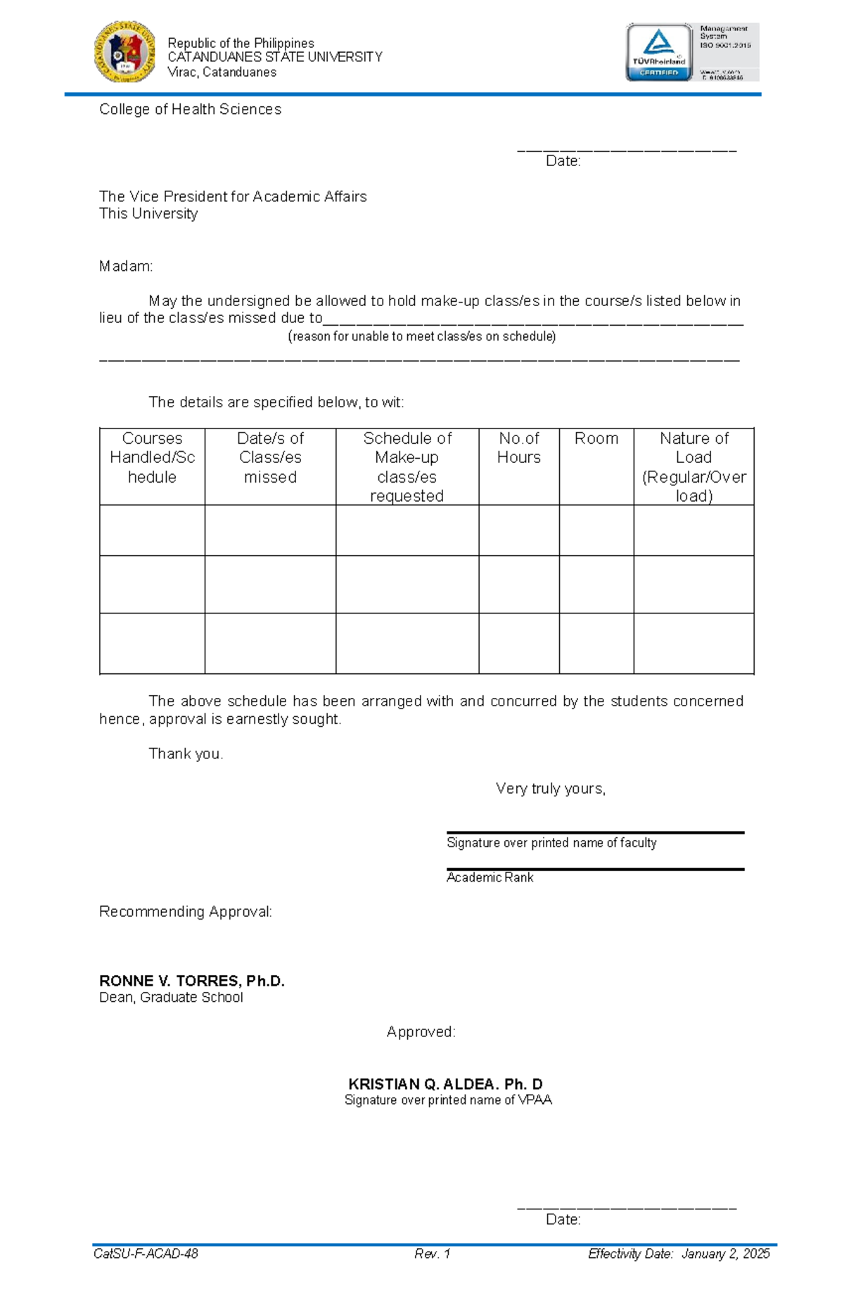 CSU F ACAD 48 Make-Up Class Request Form Rev 1 - Studocu