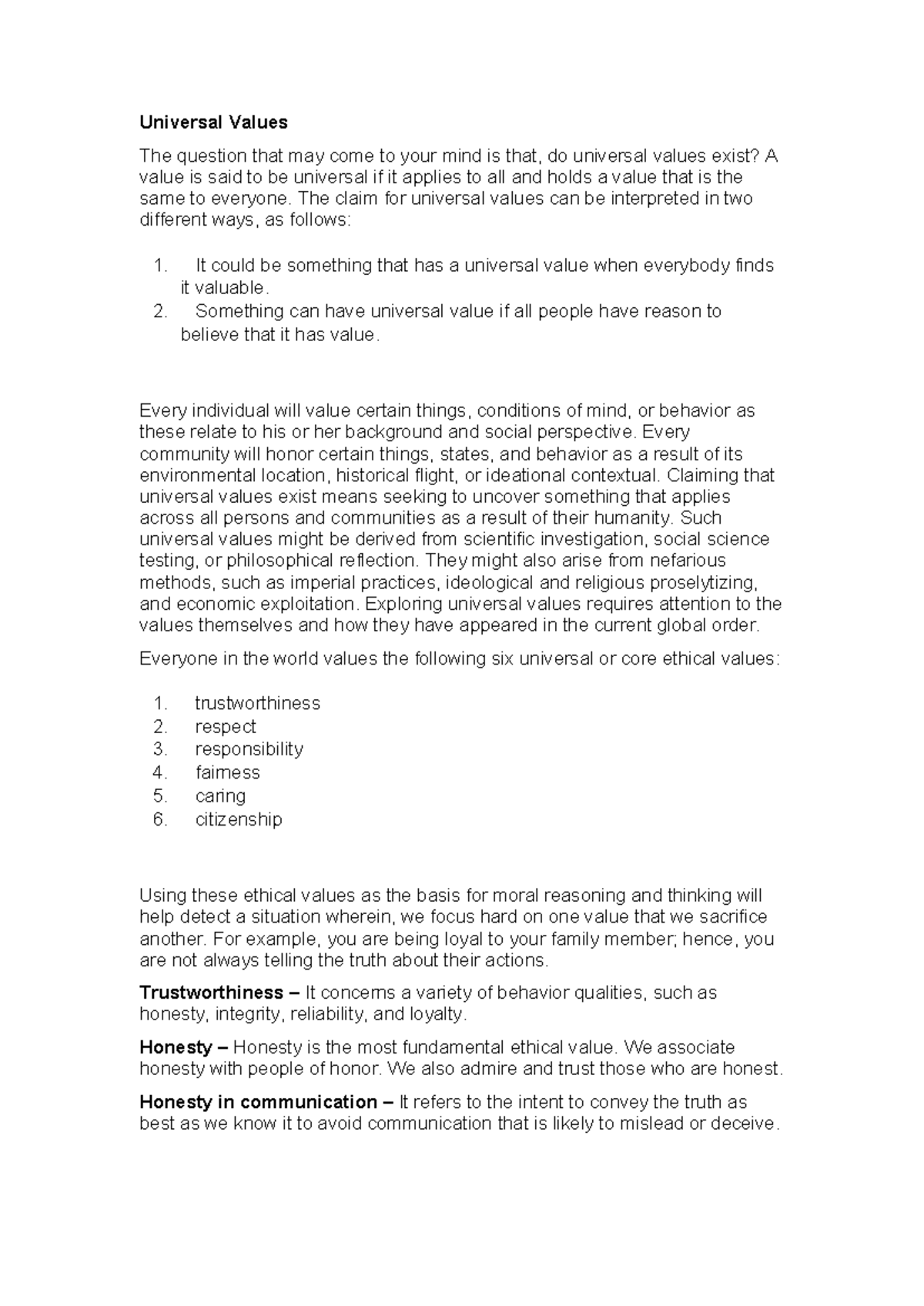 Universal Values and Their Significance for Humanity - Studocu