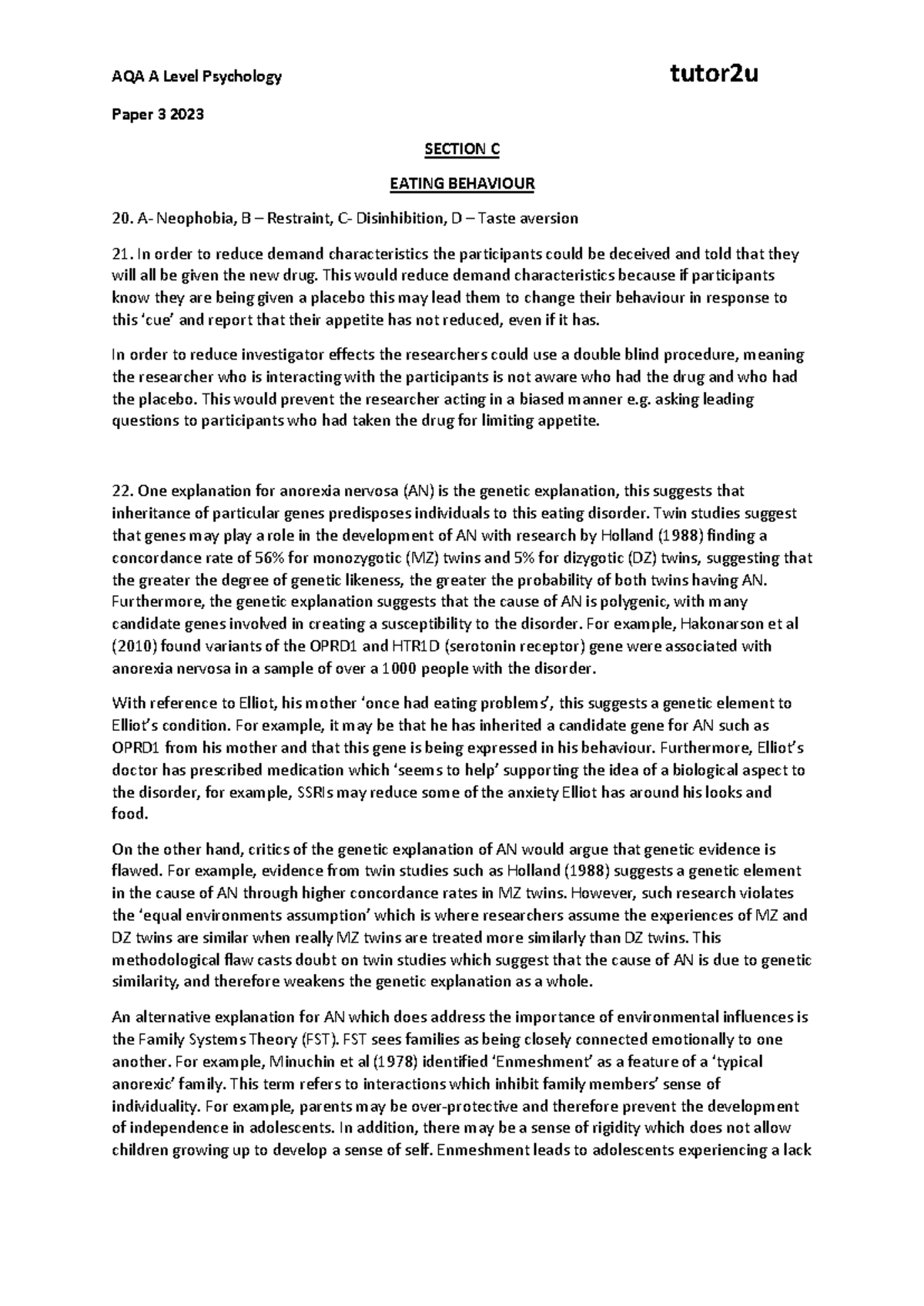 AQA A Level Psychology Paper 3 2023: Eating Behaviour Model Answers ...