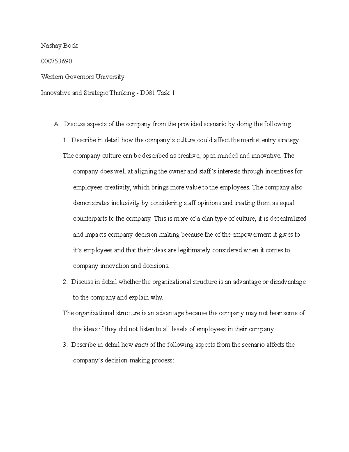 Innovative and Strategic Thinking - D081 Task 1 - Nashay Bock 000753690 ...
