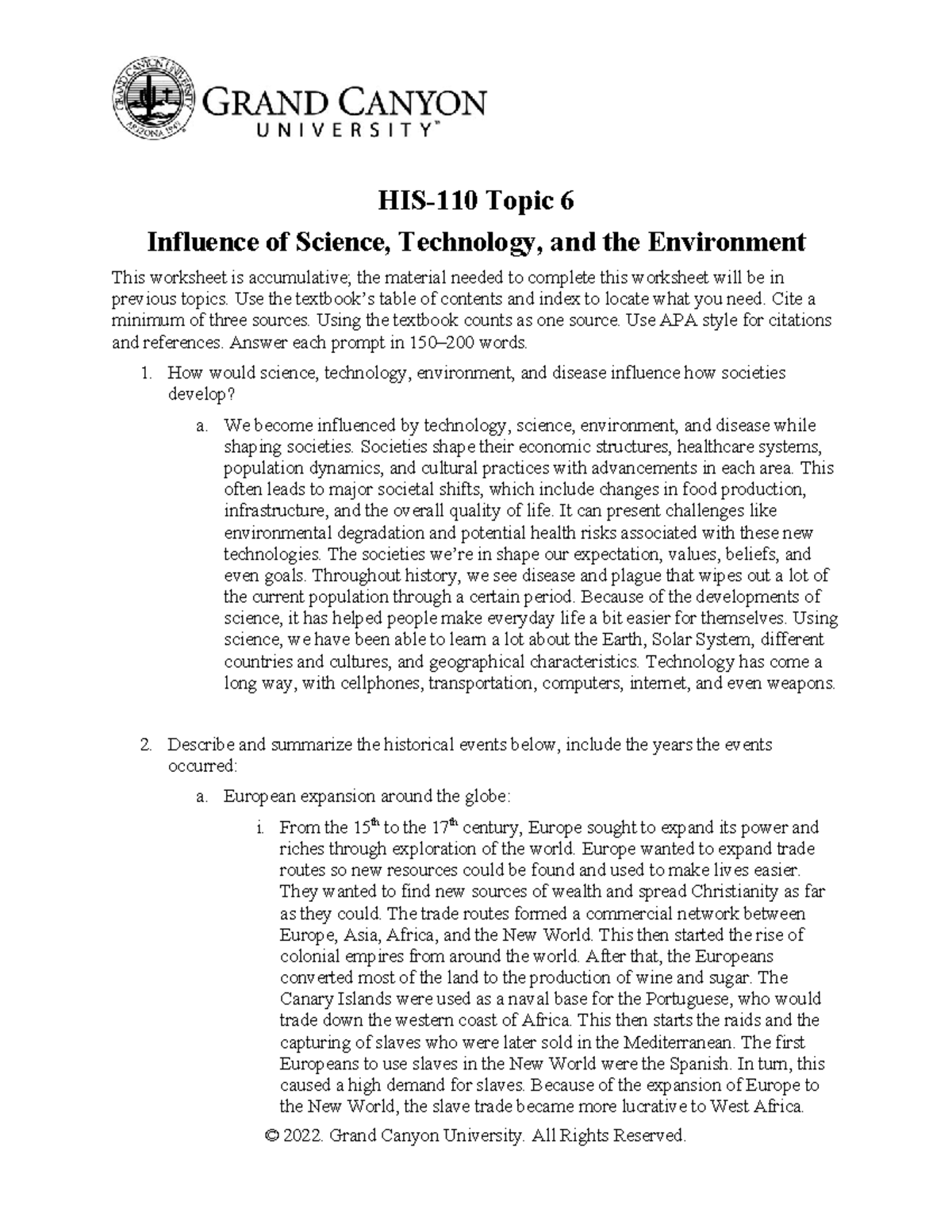 HIS 110 Final Exam: Impact of Science, Technology, and Environment ...