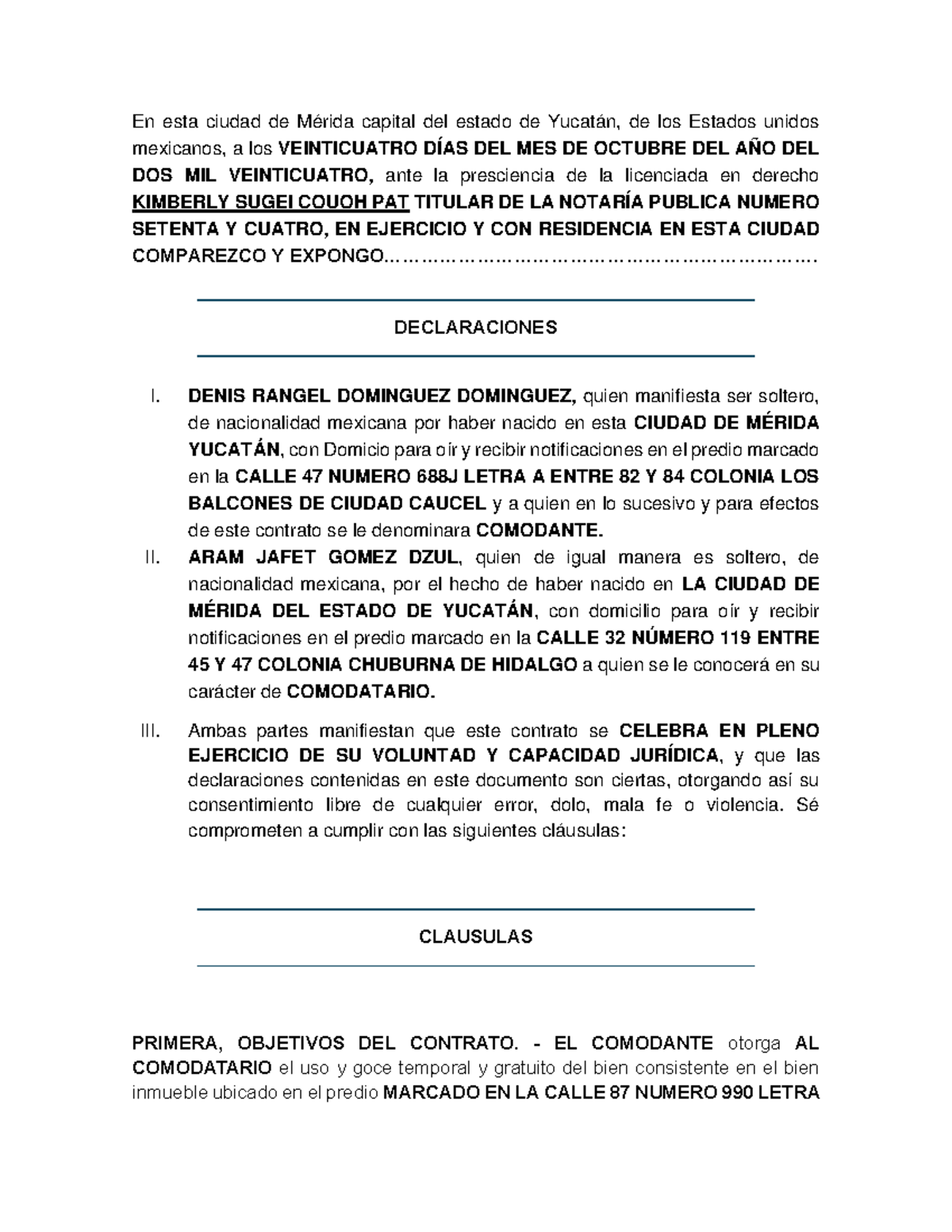 Contrato de Comodato Civil III 3A - Mérida, Yucatán, Oct. 2024 - Studocu