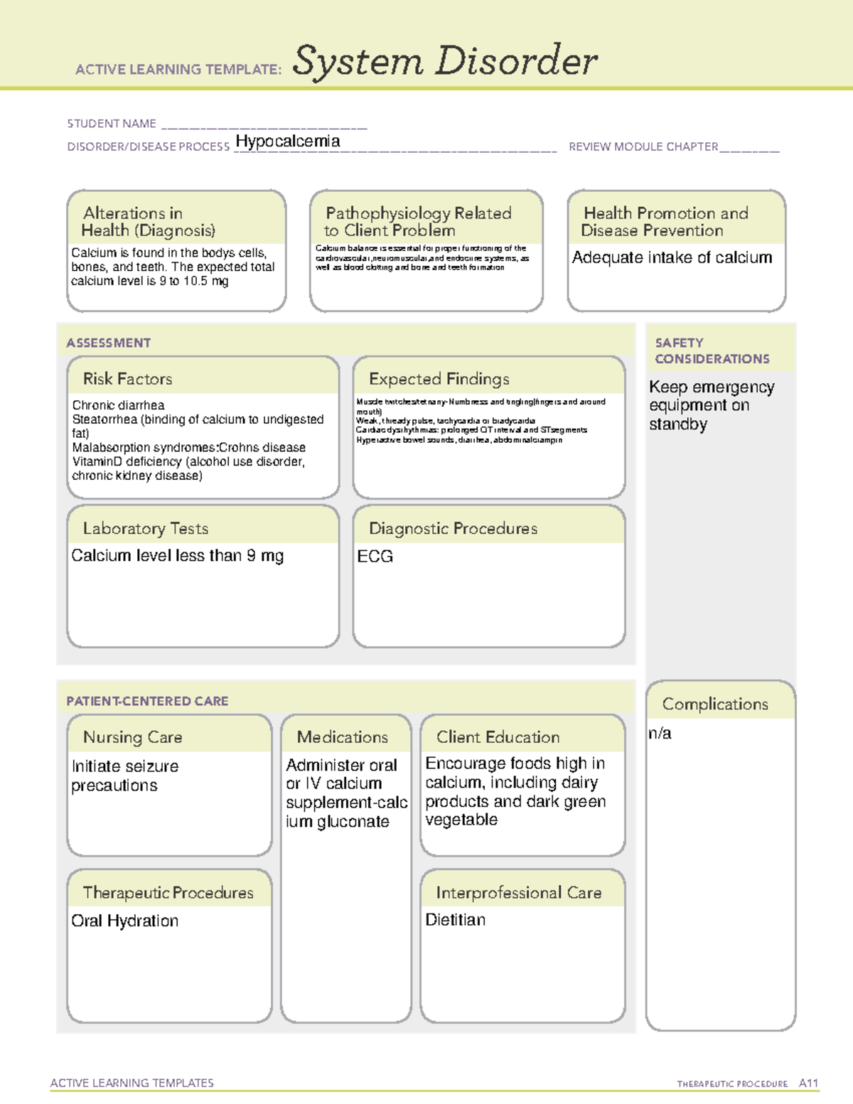 Hypocalcemia: Active Learning Template for Therapeutic Procedure - Studocu