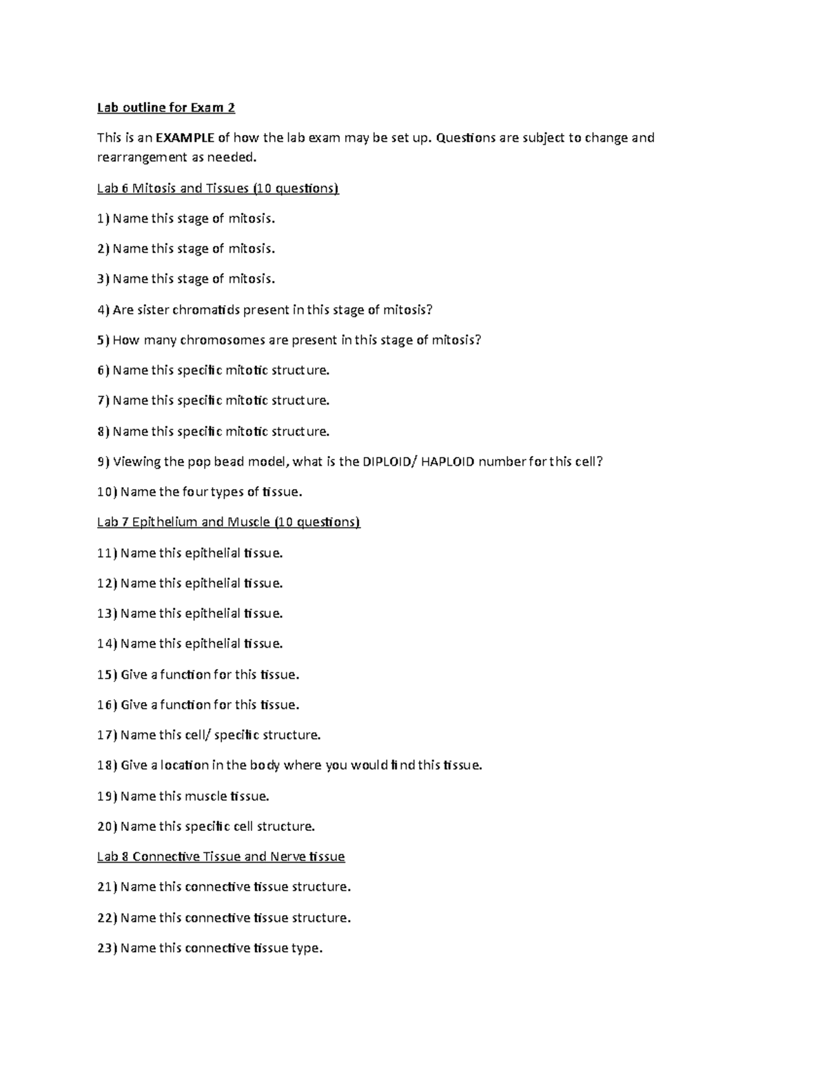 Lab Outline for BIO 101 Exam 2: Mitosis, Tissues & Skin Review - Studocu