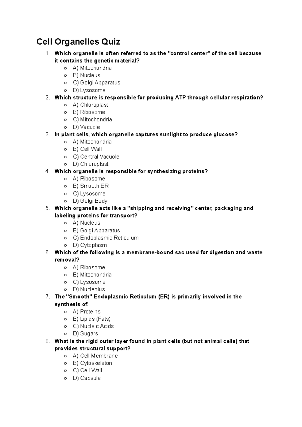 Cell Organelles Quiz (BIO101) - Test Your Knowledge! - Studocu