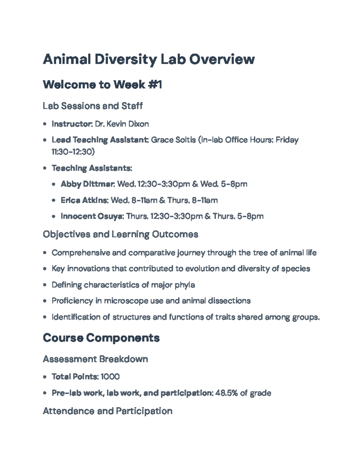 Animal Diversity Lab Overview and Syllabus - Week 1 - Animal Diversity ...