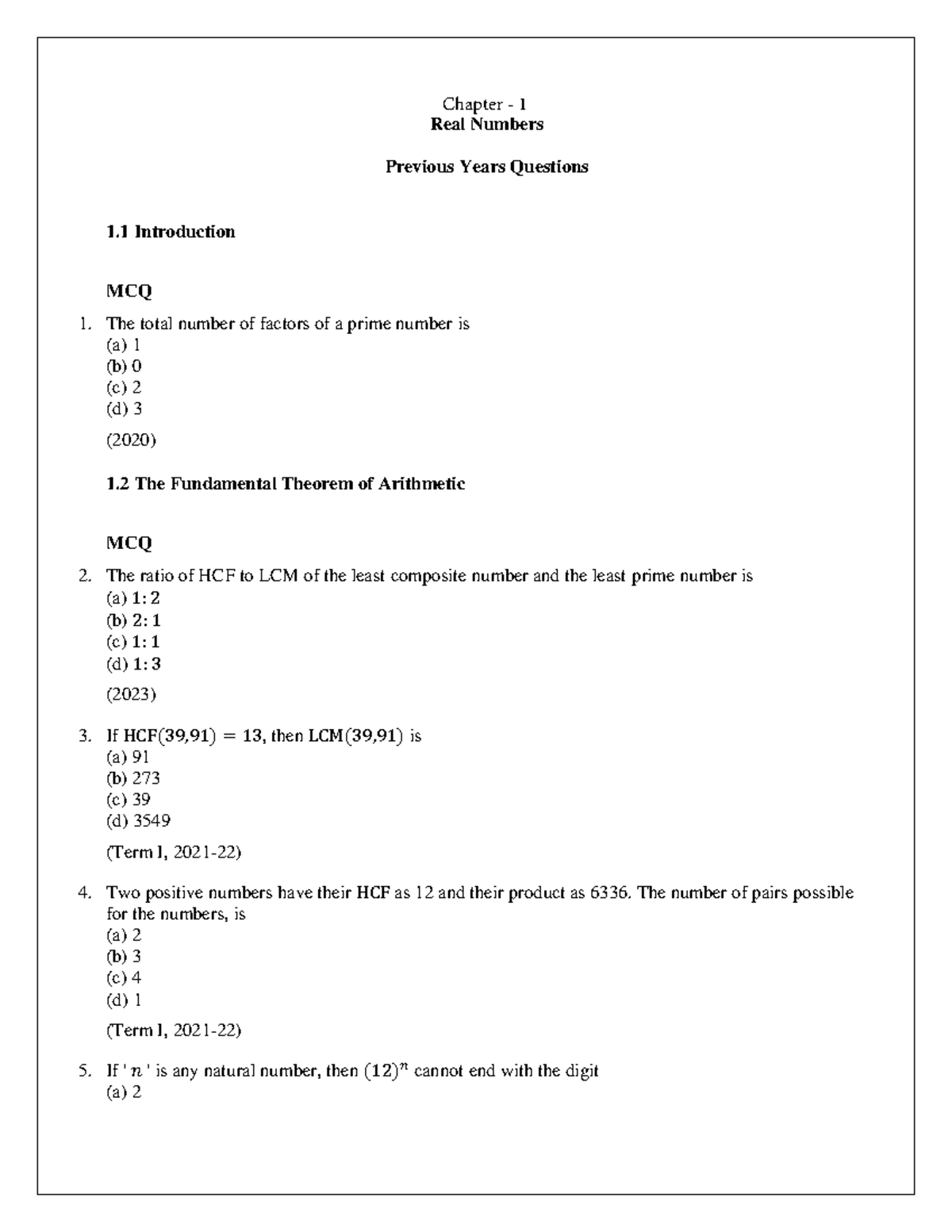 Class 10 Math Chapter 1: Real Numbers Previous Year Questions - Studocu