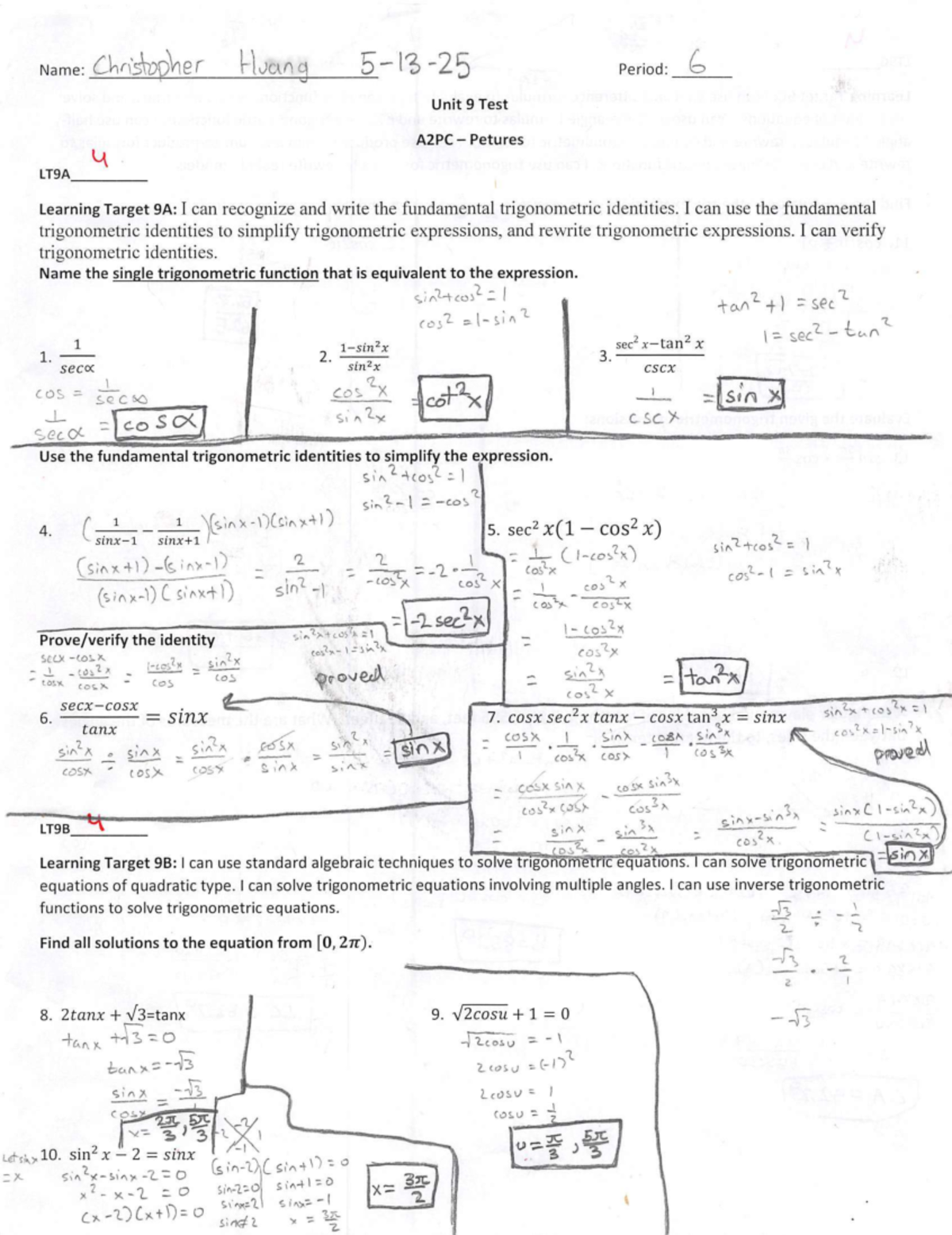 Unit 9 Test A2PC: Trigonometric Identities & Equations - Studocu