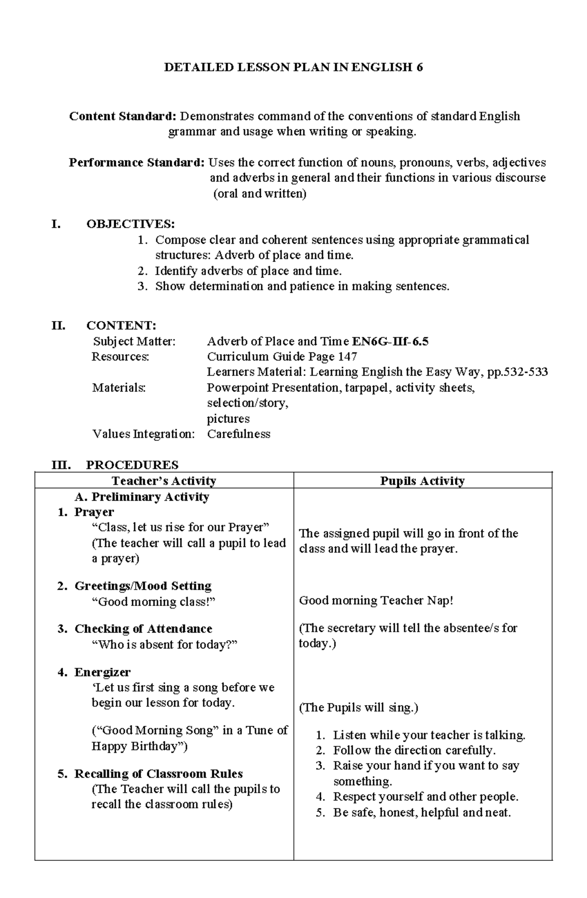 Detailed Lesson Plan on Adverbs in English 6 (EN6G-IIf-6) - Studocu