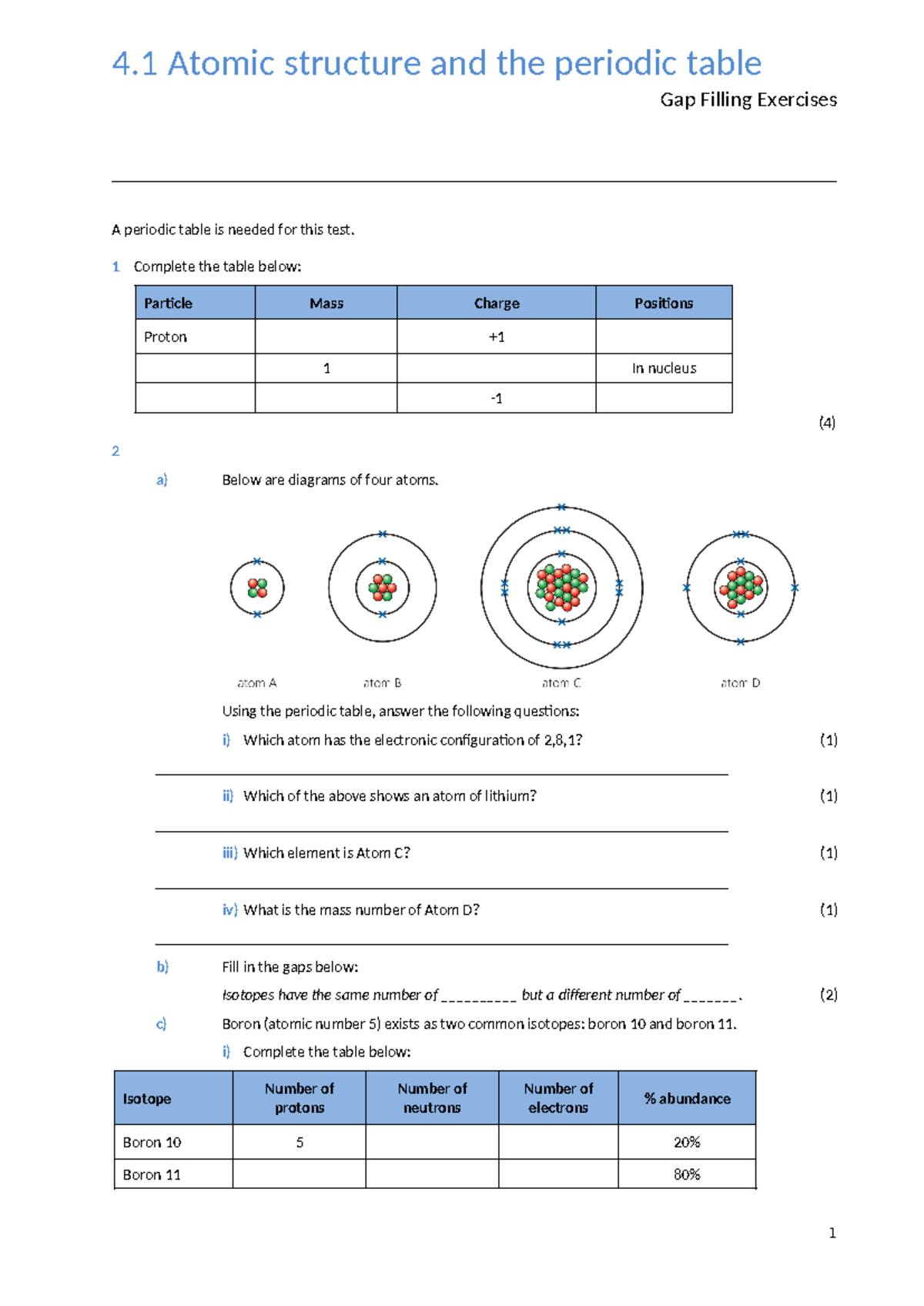 4.1 Atomic structure and the periodic table - Gap Filling Exercises A periodic table is needed ...