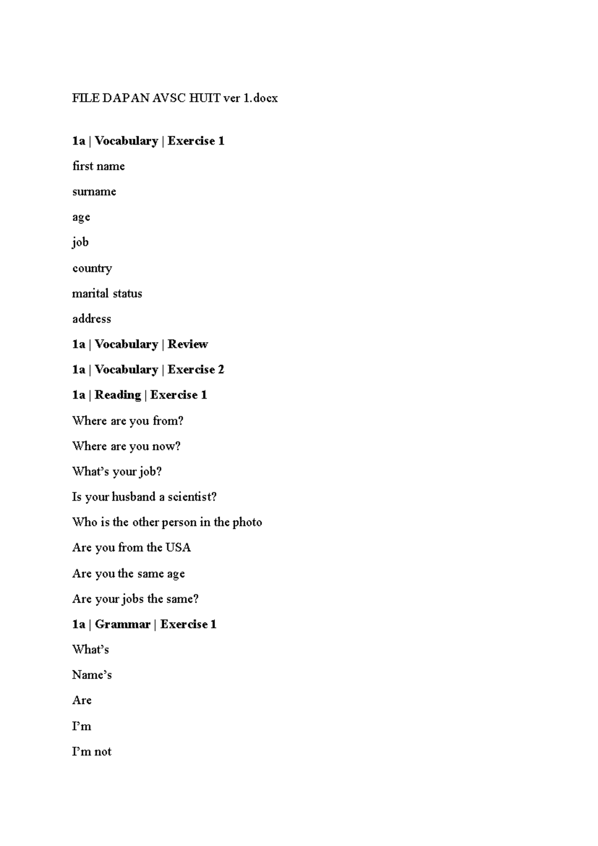 AVSC HUIT 1a-2e Vocabulary & Grammar Exercises Review - Studocu