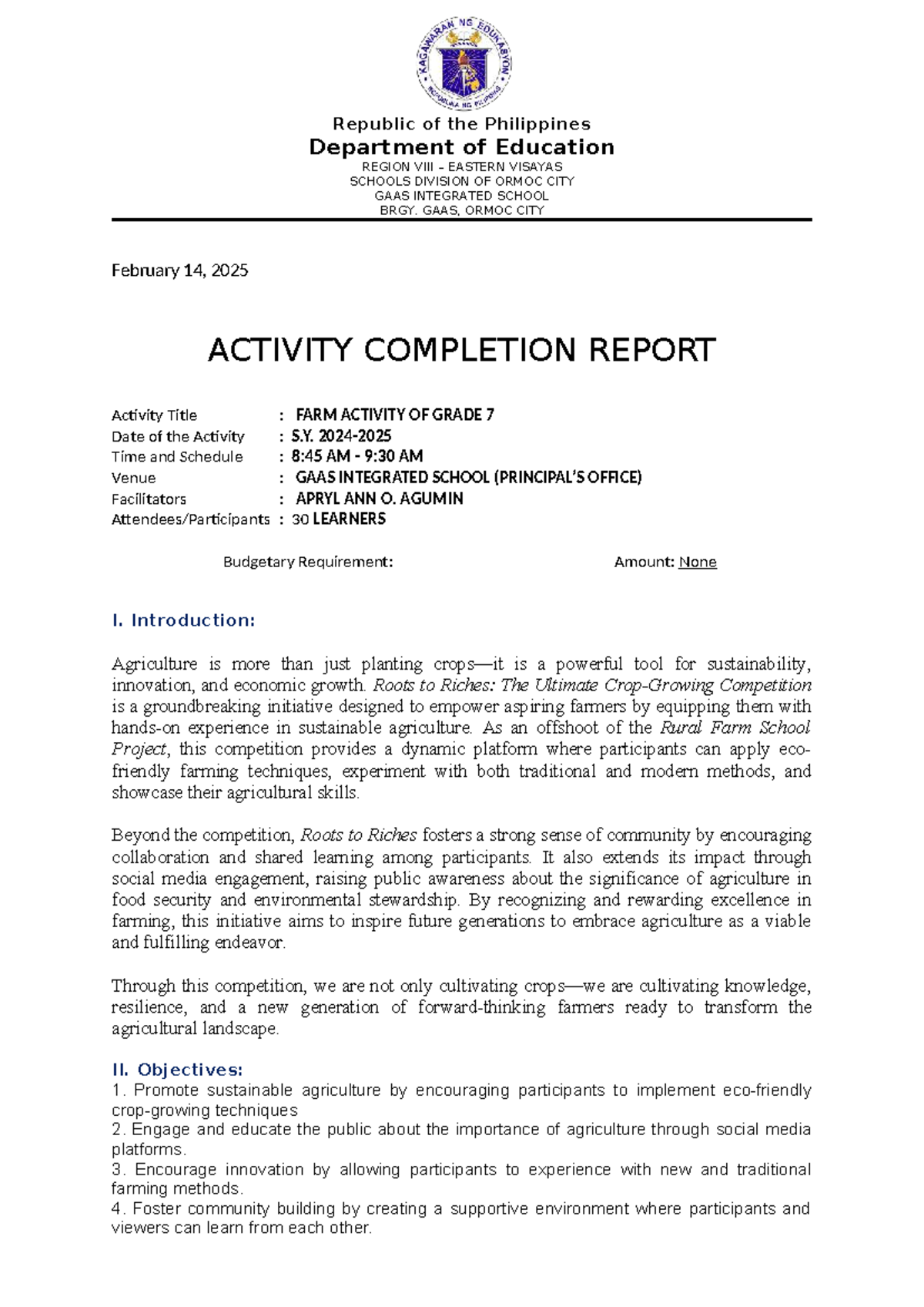 ACR - Farm Activity of Grade 7: Roots to Riches Competition Report ...