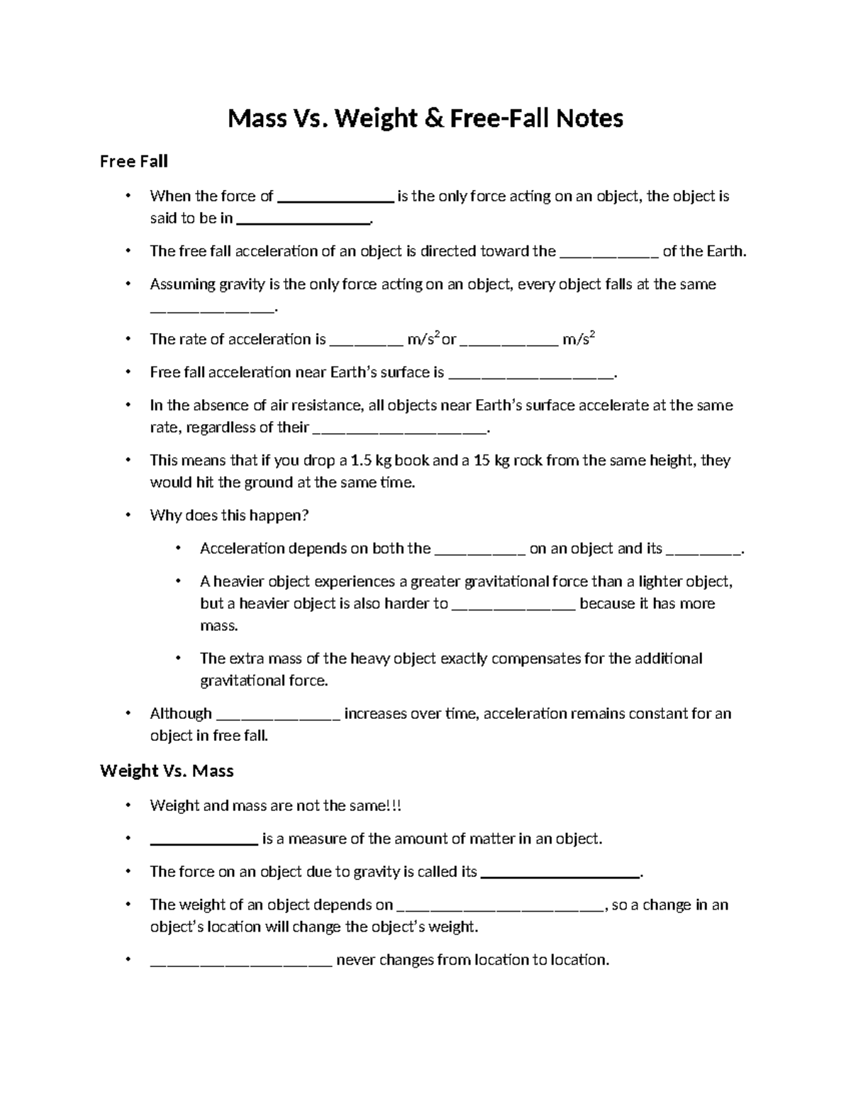 Mass Vs Mass Free Fall FITB Notes - Mass Vs. Weight & Free-Fall Notes ...