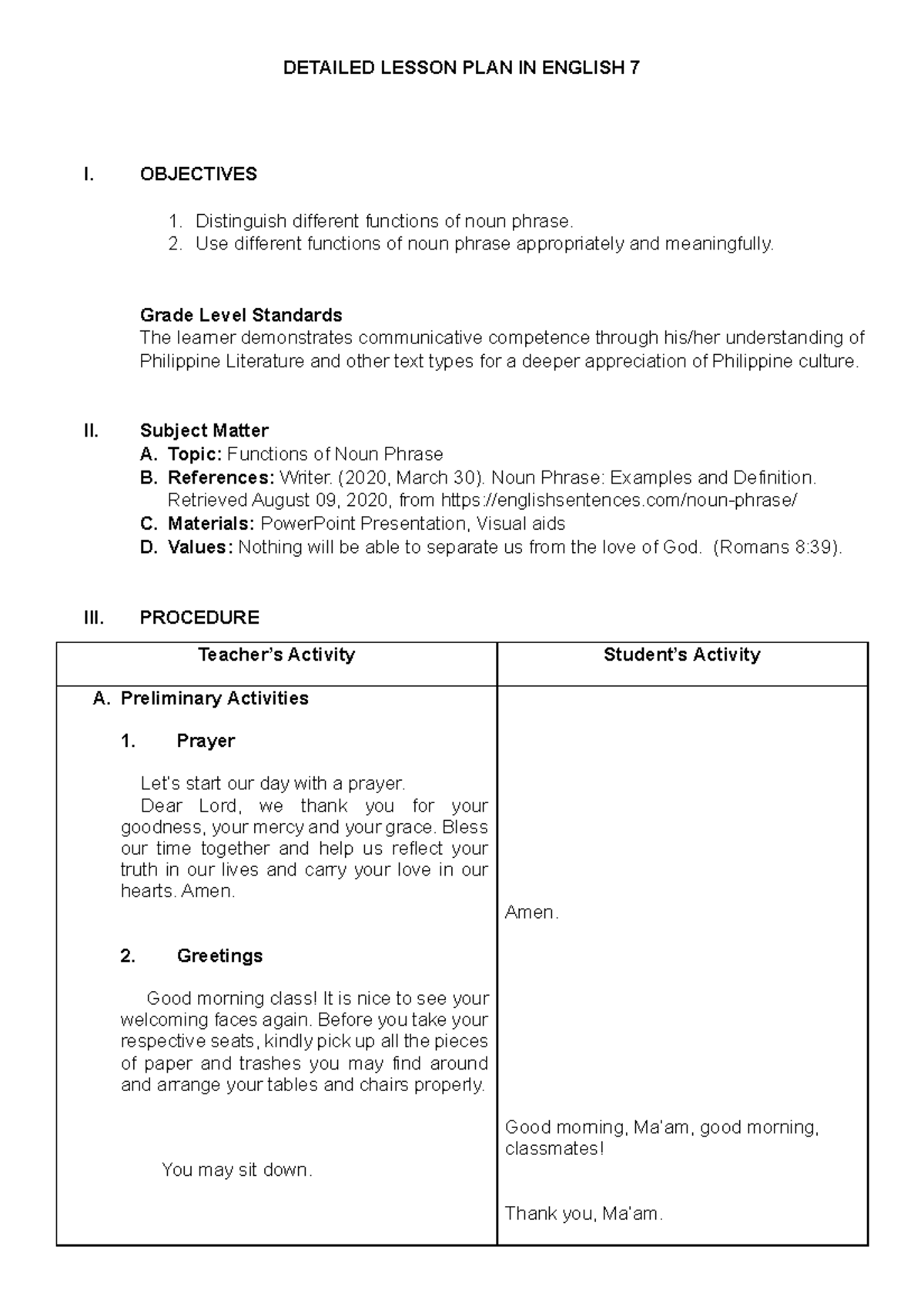 Functions of Noun Phrase - DETAILED LESSON PLAN IN ENGLISH 7 I ...