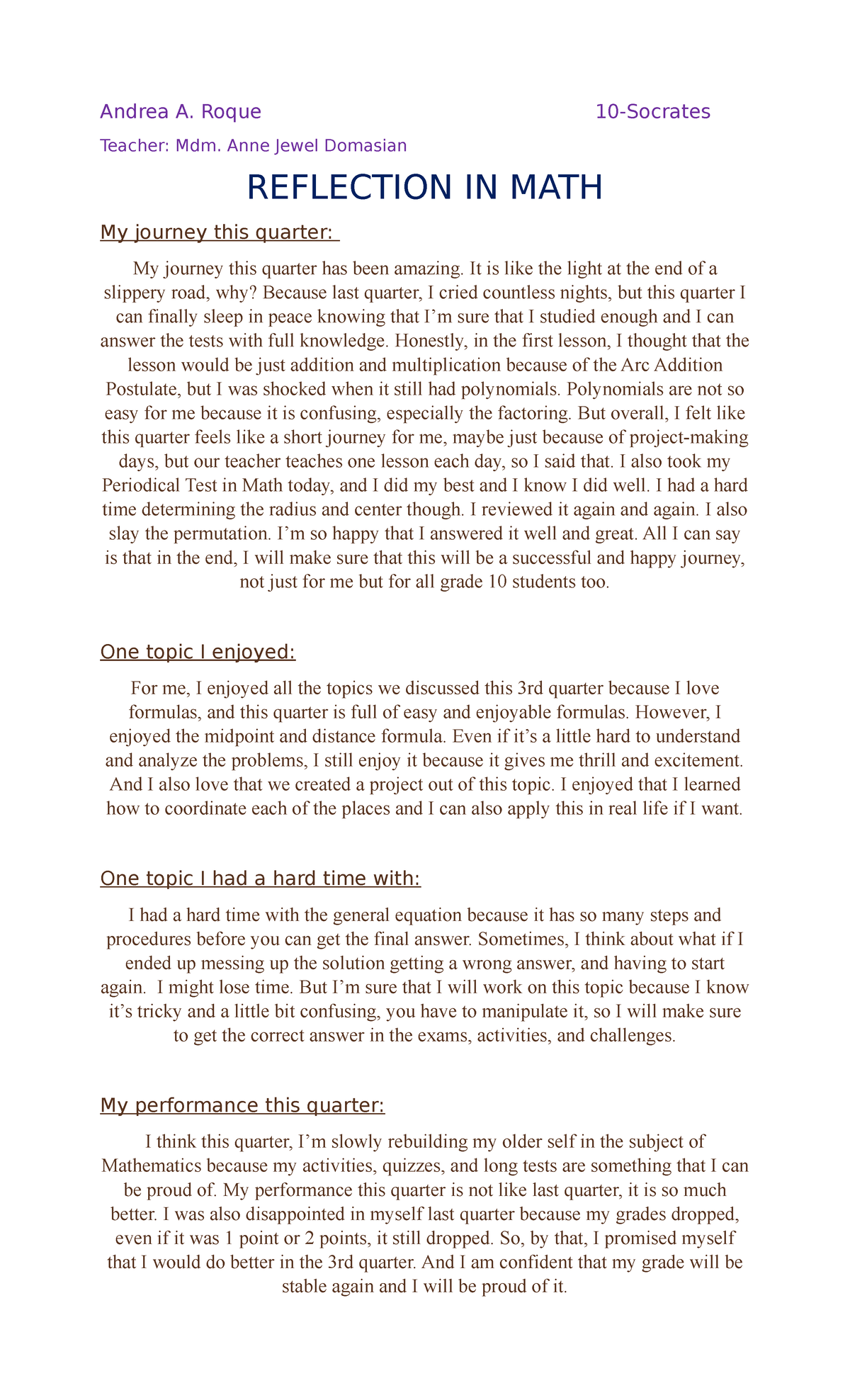 Reflection on My Math Journey - Grade 10 - MATH 101 - Studocu