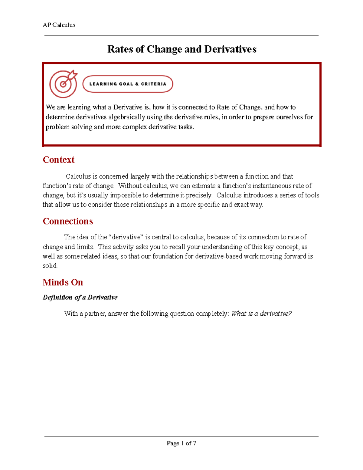 AP Calculus Lesson on Rates of Change and Derivatives - Studocu