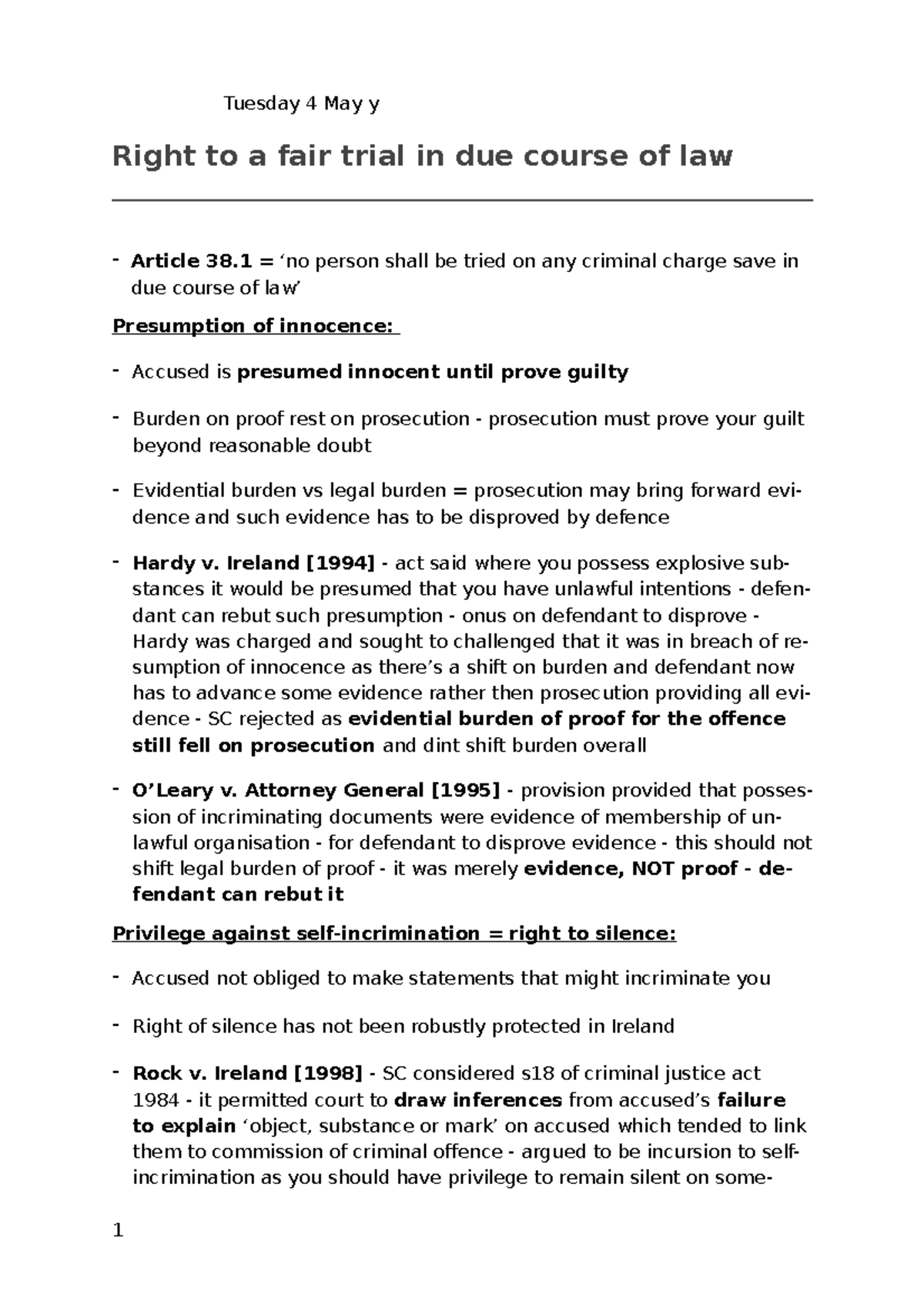 Law 202: Right to Fair Trial and Legal Protections in Ireland - Studocu