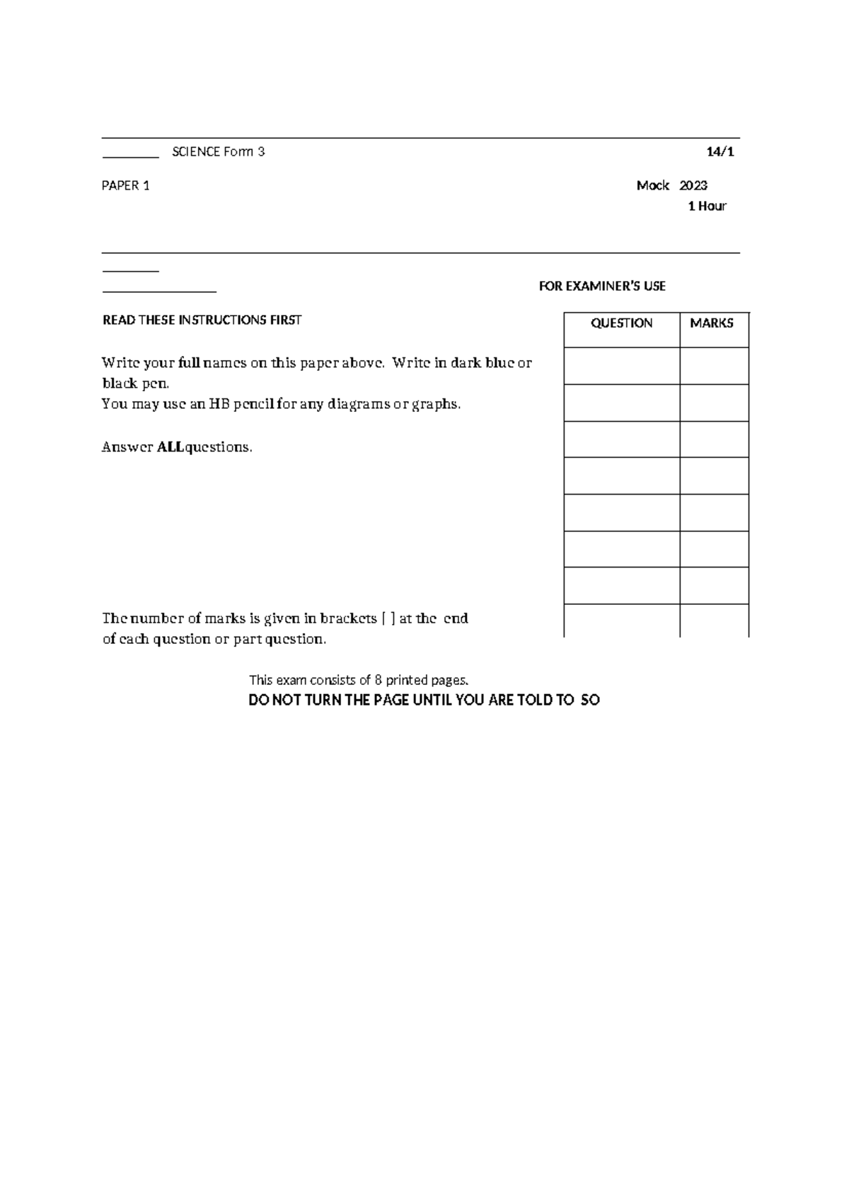 Science JC Paper 1 Mock Exam - Form 3 2023 - Studocu
