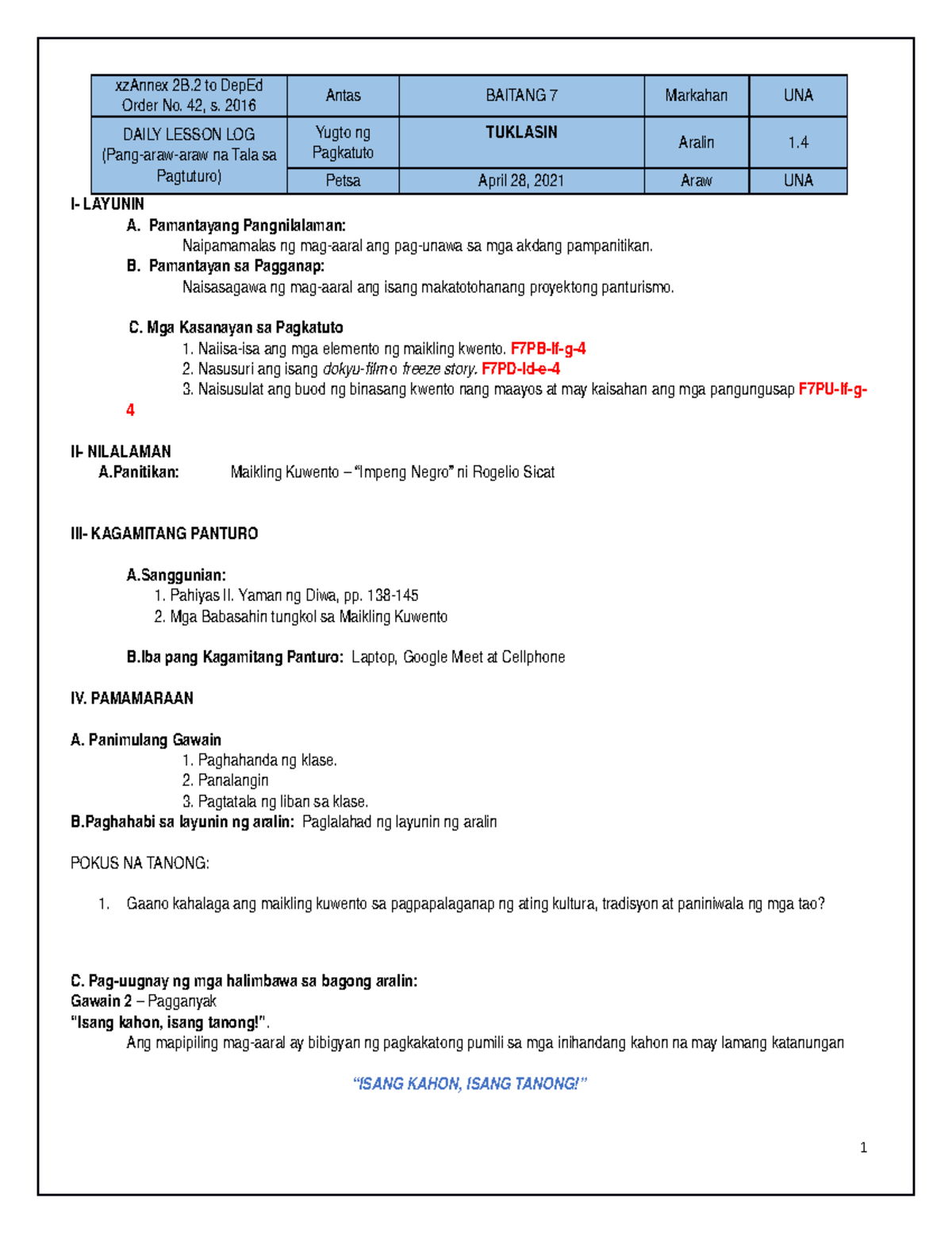 Daily Lesson Log for Maikling Kuwento - Baitang 7 (April 28, 2021 ...