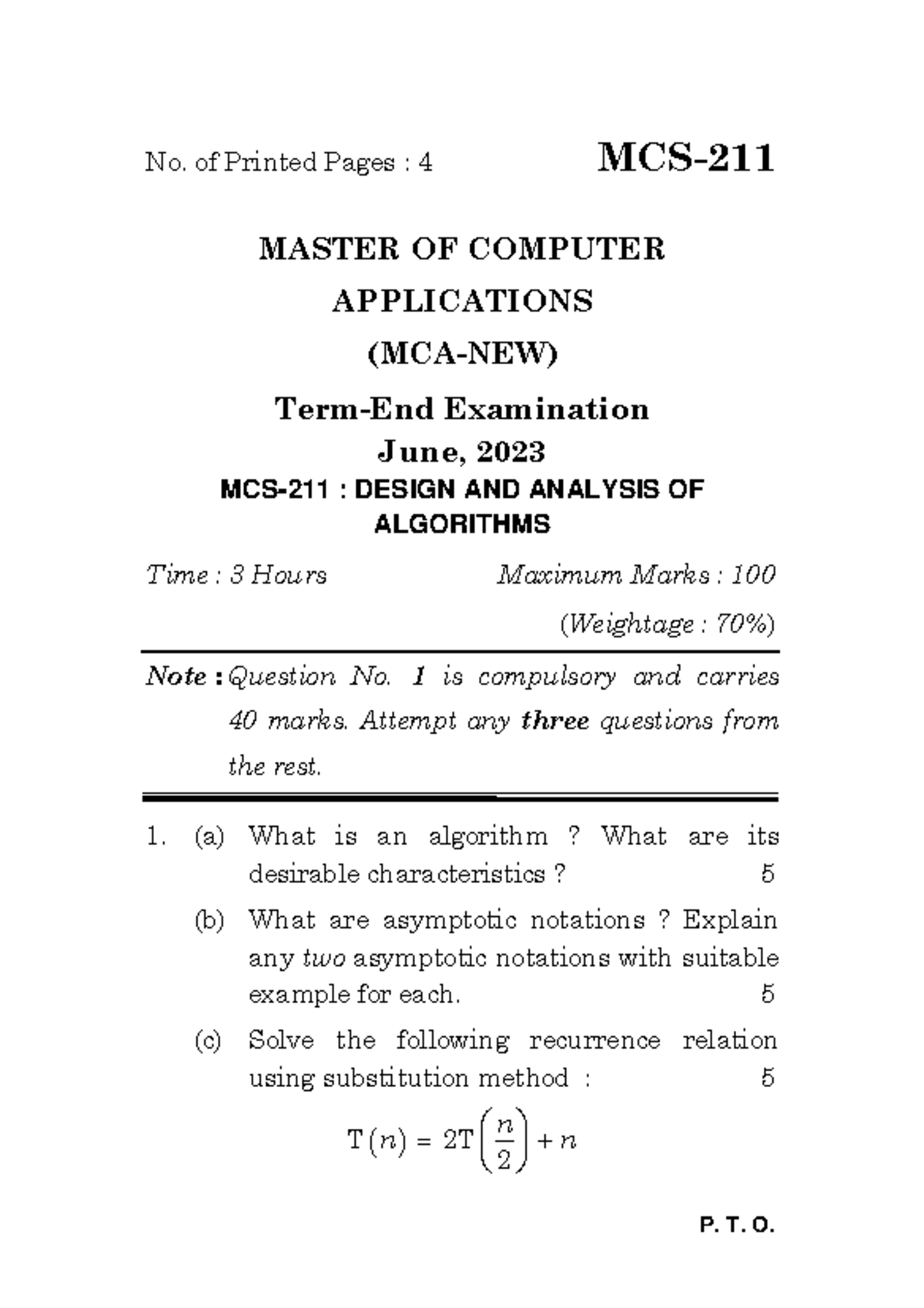 MCS-211 question paper - P. T. O. No. of Printed Pages : 4 MCS- MASTER ...